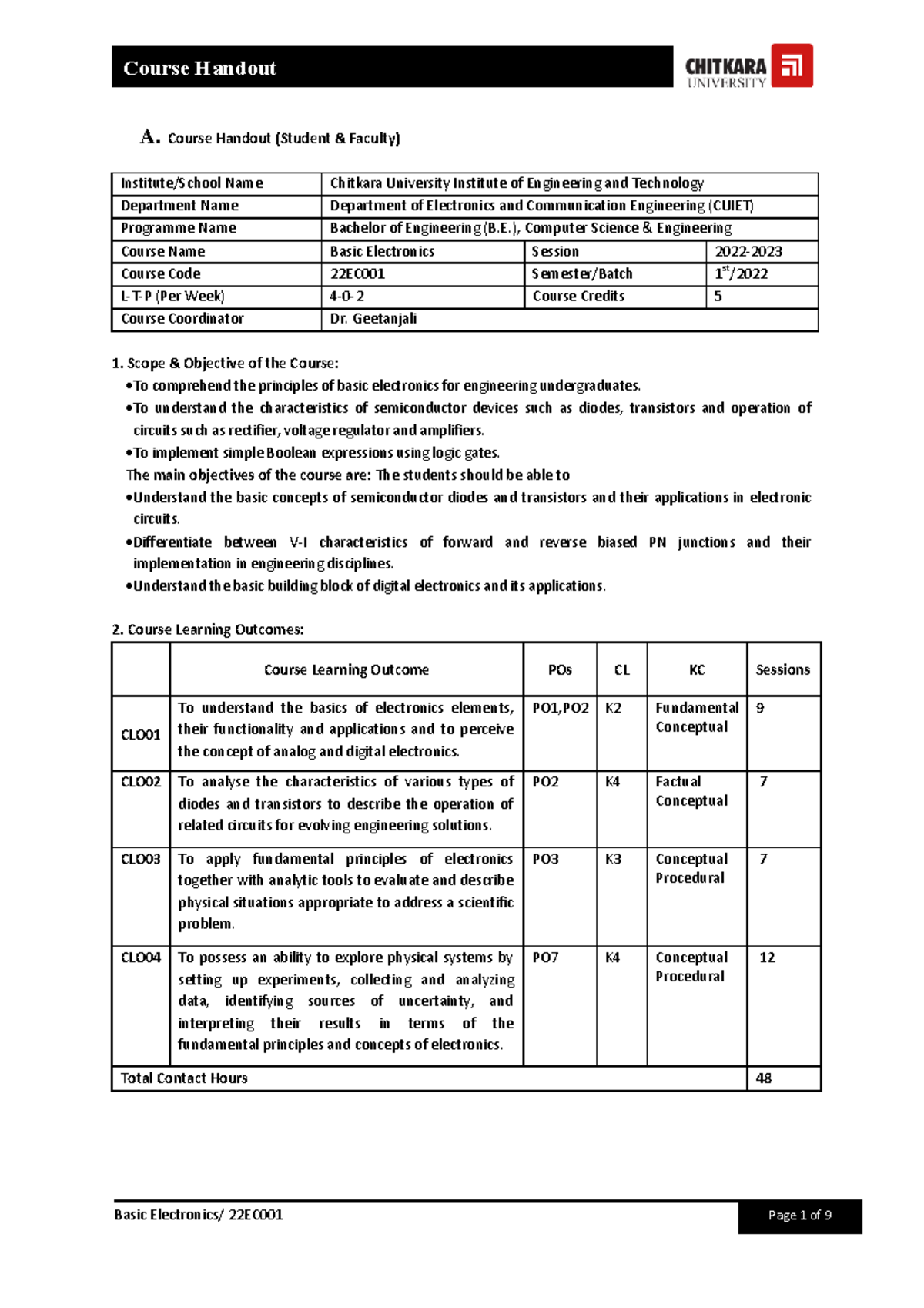 Final CHO Basic Electronics CSE 2nd sem - A. Course Handout (Student ...