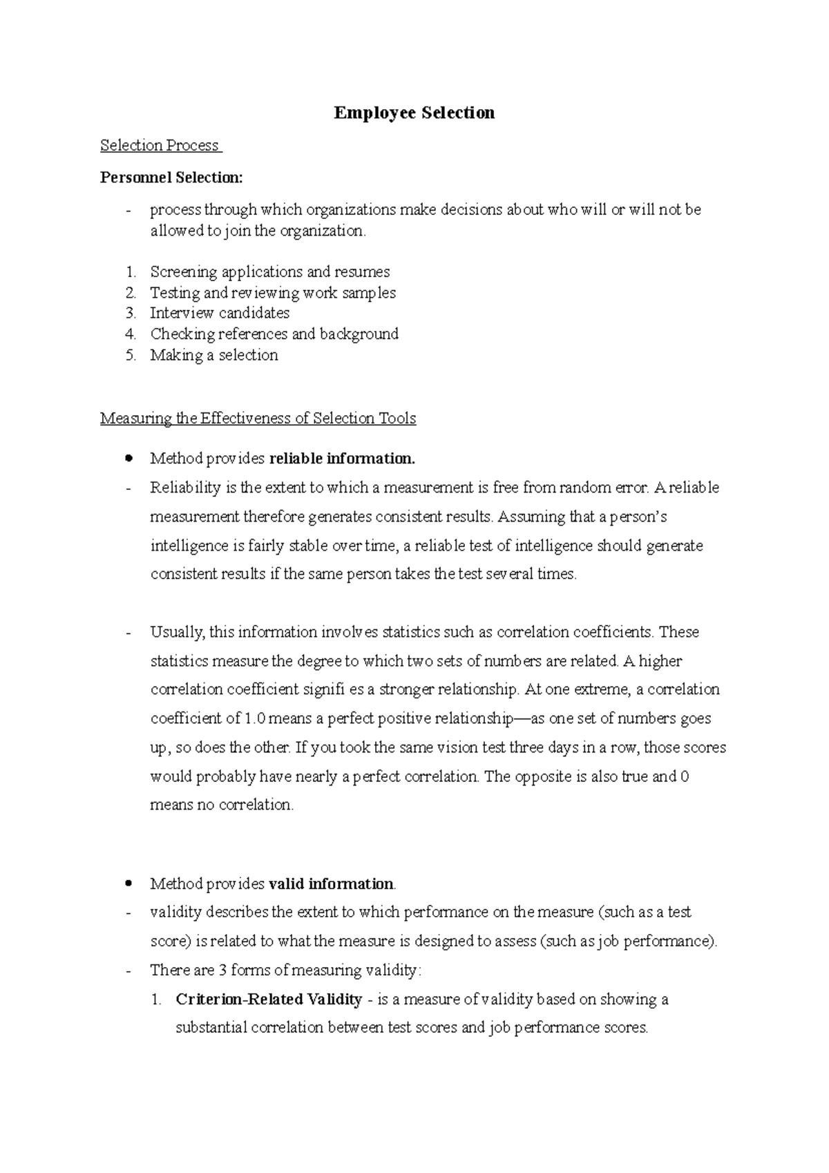 Employee Selection - Lecture notes 4 - Employee Selection Selection ...