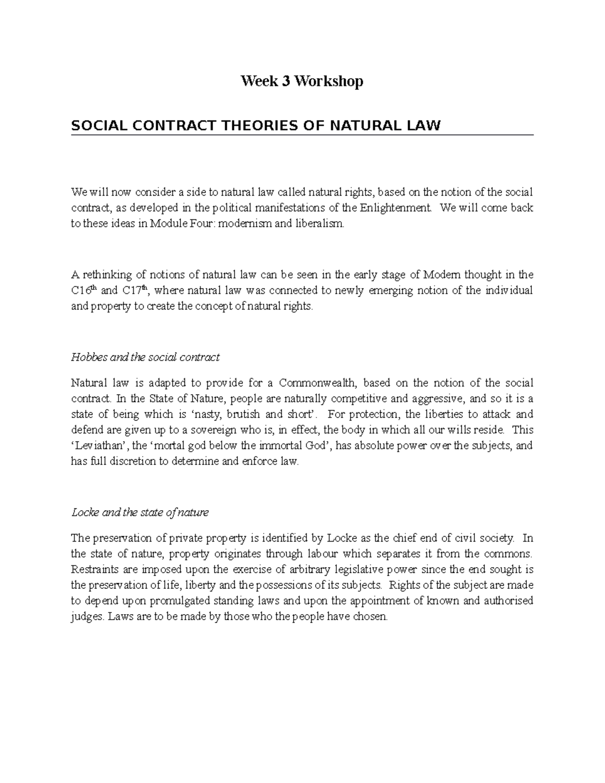 Workshop Week 3 - SOCIAL CONTRACT THEORIES OF NATURAL LAW - Week 3 ...