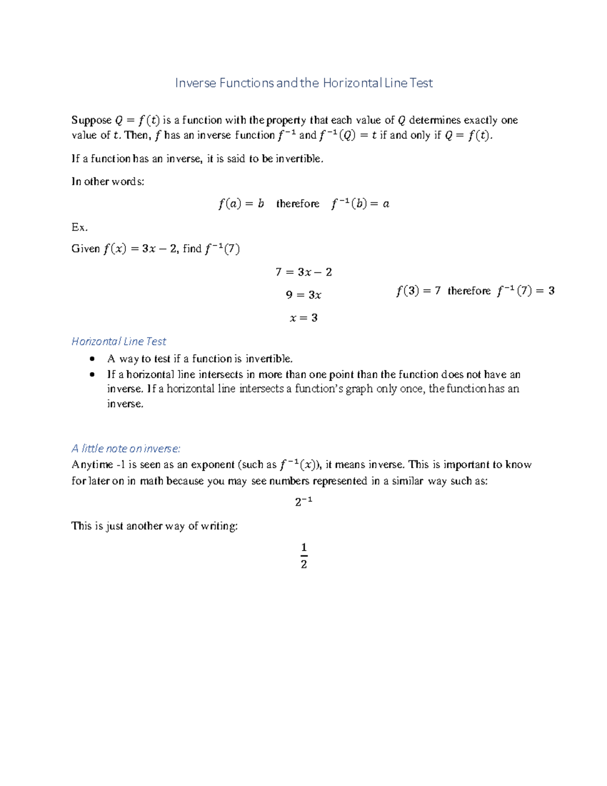 Inverse Functions and the Horizontal Line Test - Then, 𝕓 has an inverse ...