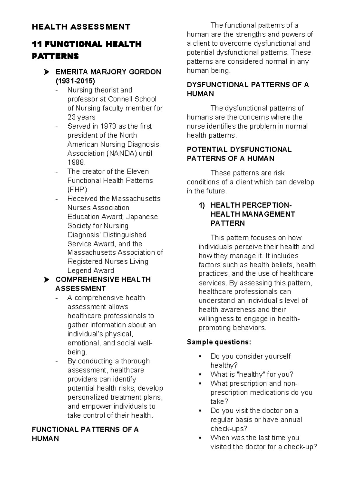 Health- Patterns - This for students only studying nursing - HEALTH ...