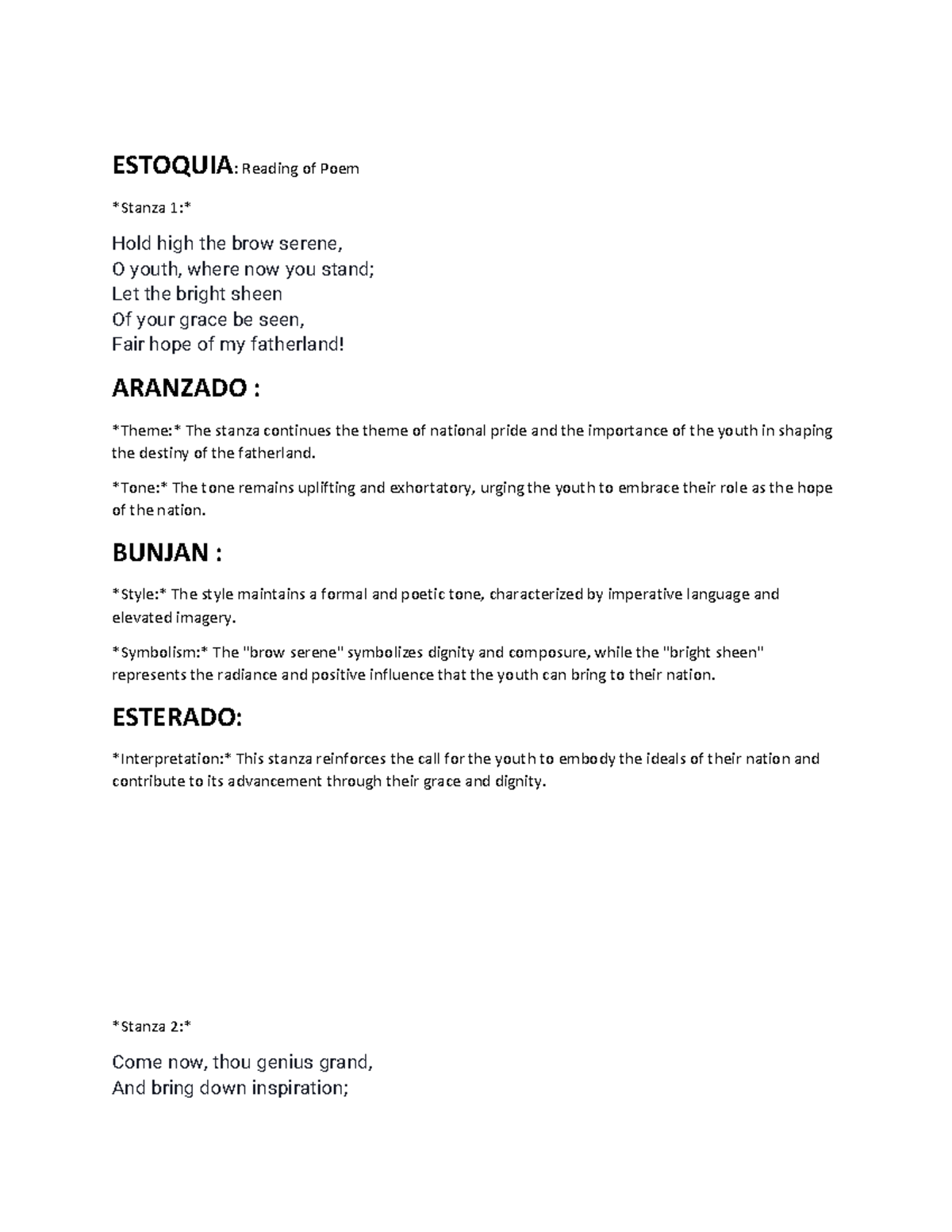 Poem - Check - ESTOQUIA: Reading of Poem Stanza 1: Hold high the brow ...