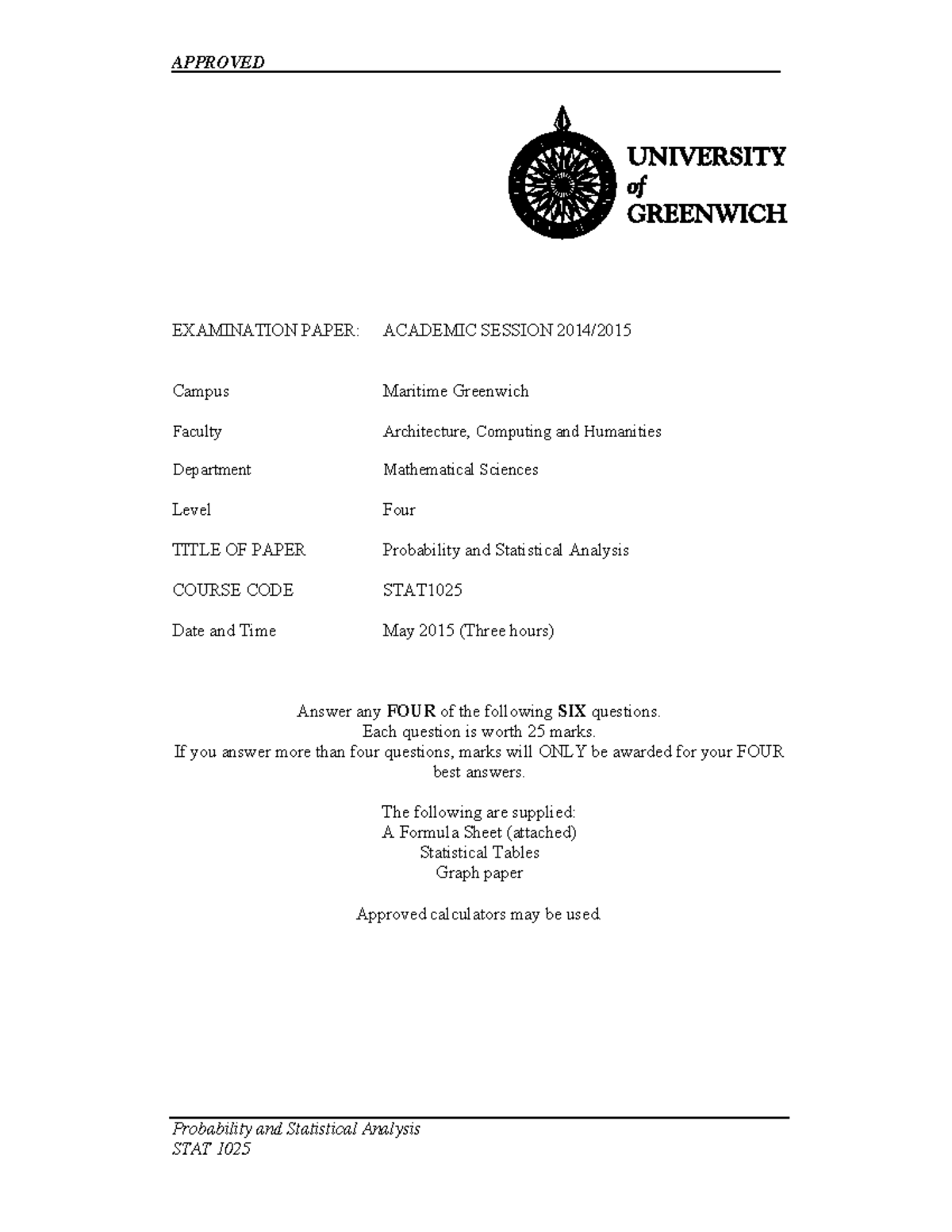 Exam 10 May 2015, questions - APPROVED EXAMINATION PAPER: ACADEMIC ...