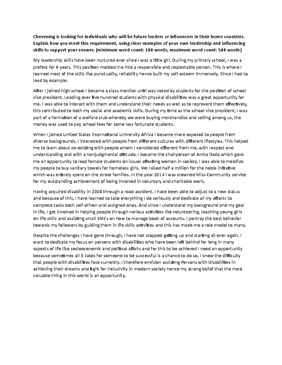 CHEV Essay 1 - course - Chevening is looking for individuals who will ...