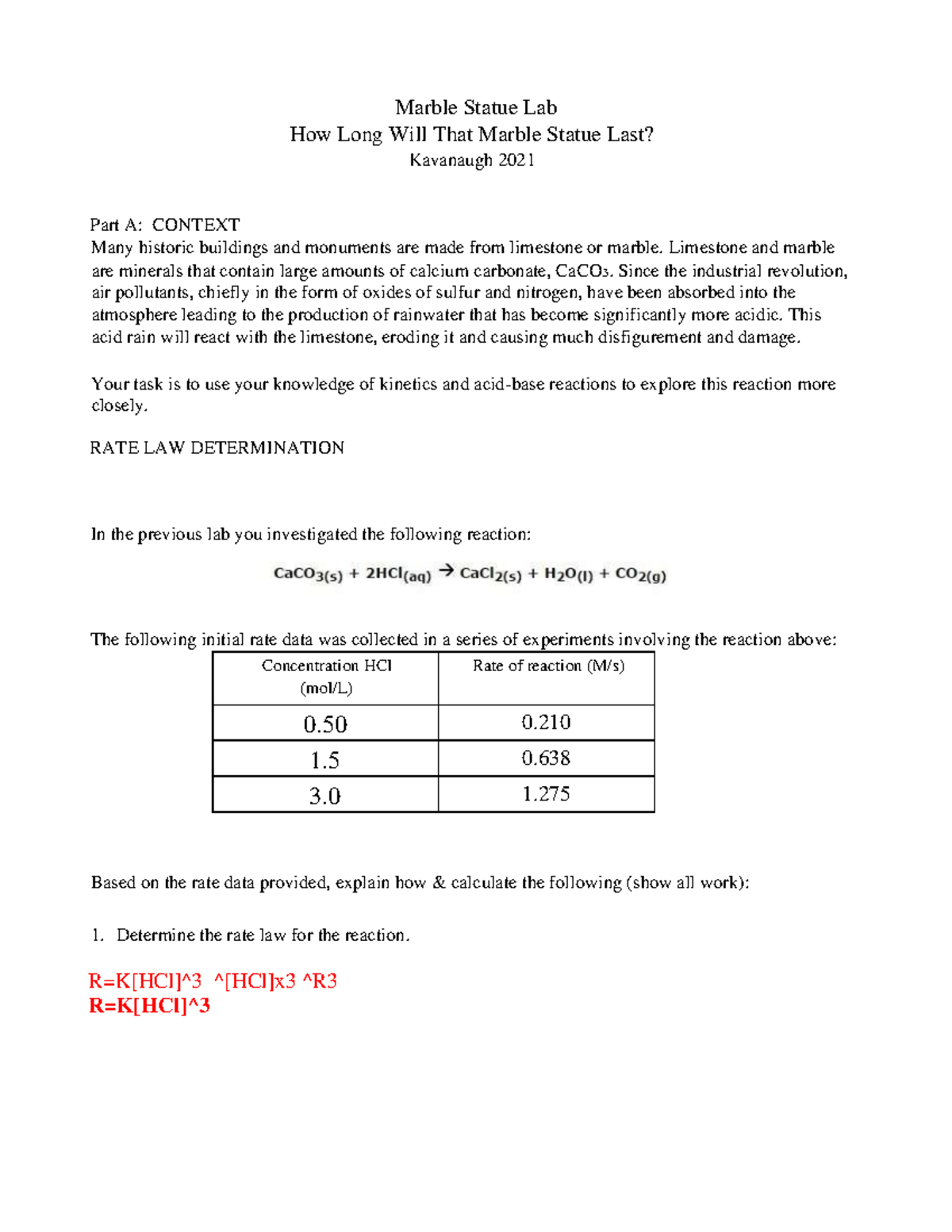 Ap Chem Part 2 Lab Chemistry Lab Including Answers Marble Statue Lab How Long Will That