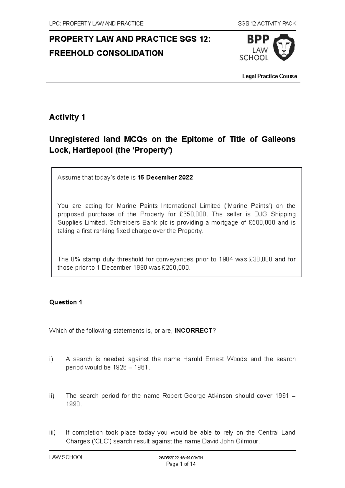 Property SGS 12 Activity pack 2022-23 - LPC: PROPERTY LAW AND PRACTICE SGS 12 ACTIVITY PACK ...