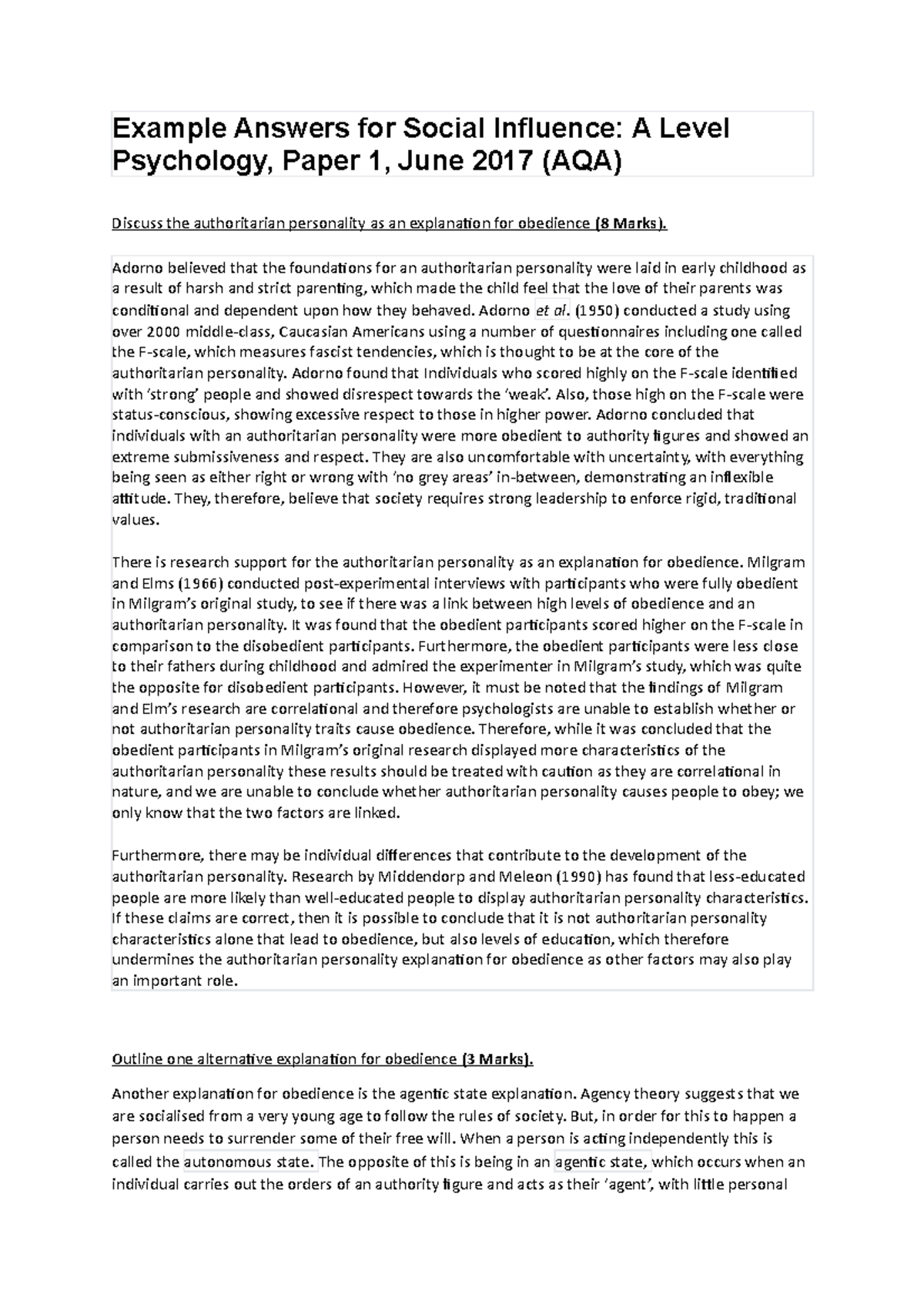 Example Answers for Social Influence- A Level Psychology, Paper 1, June ...
