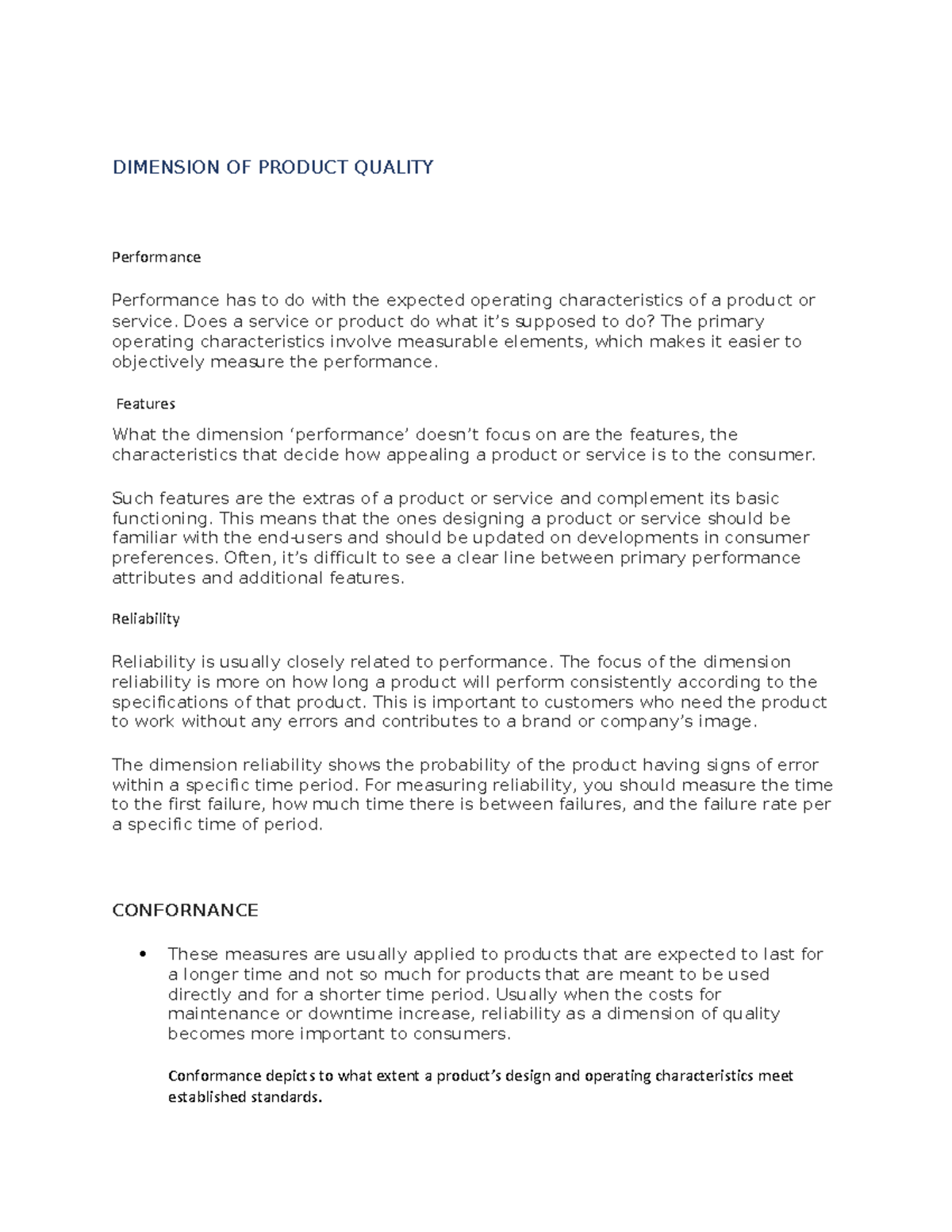Report TQM - TQM subject - DIMENSION OF PRODUCT QUALITY Performance ...
