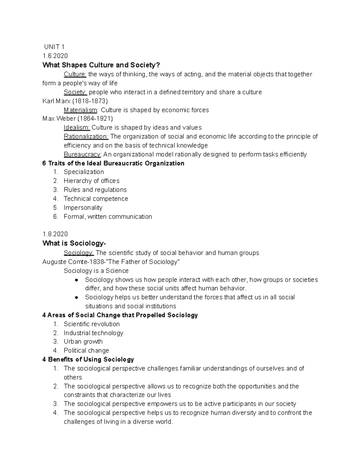 Sociology 1010 Notes - UNIT 1 1. What Shapes Culture and Society ...