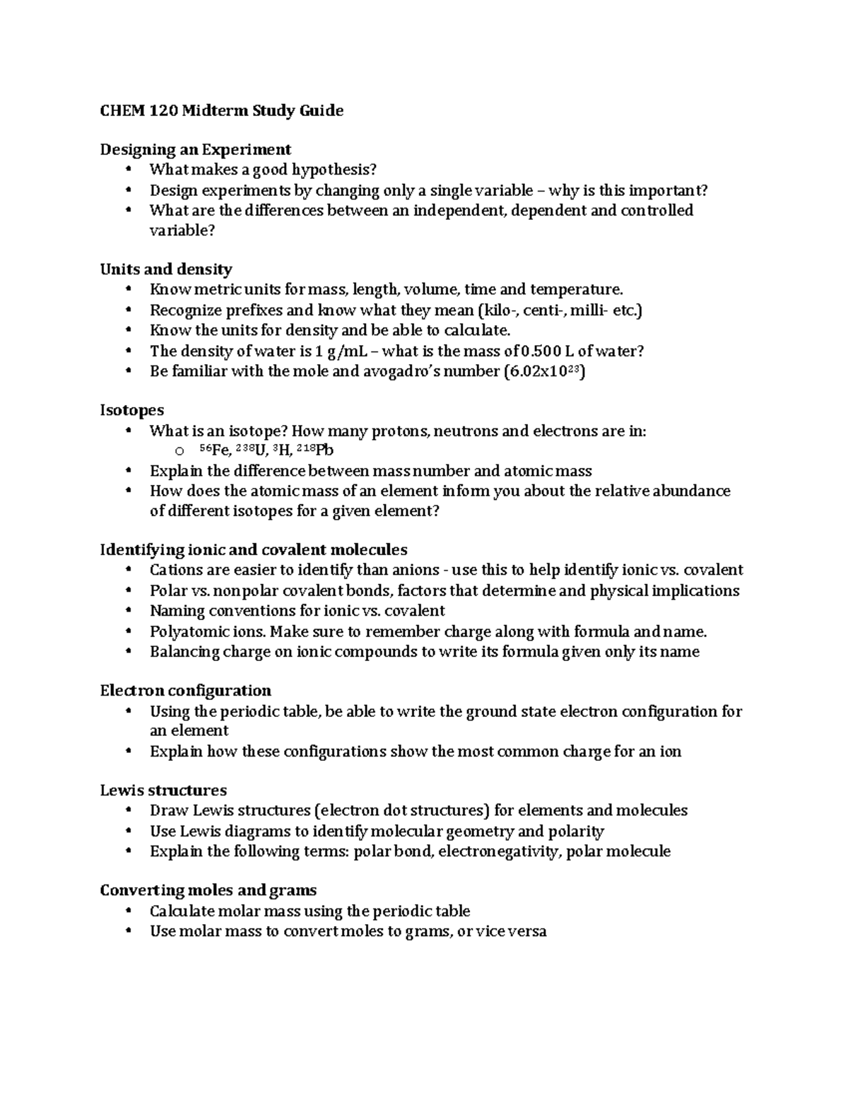 Midterm study guide - CHEM120 - CHEM 120 Midterm Study Guide Designing ...