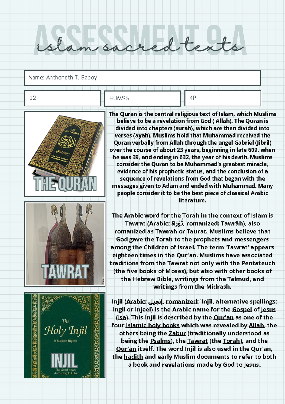 activity on islam sacred texts - Name; Anthoneth T. Gapoy ASSESSMENT 9 ...