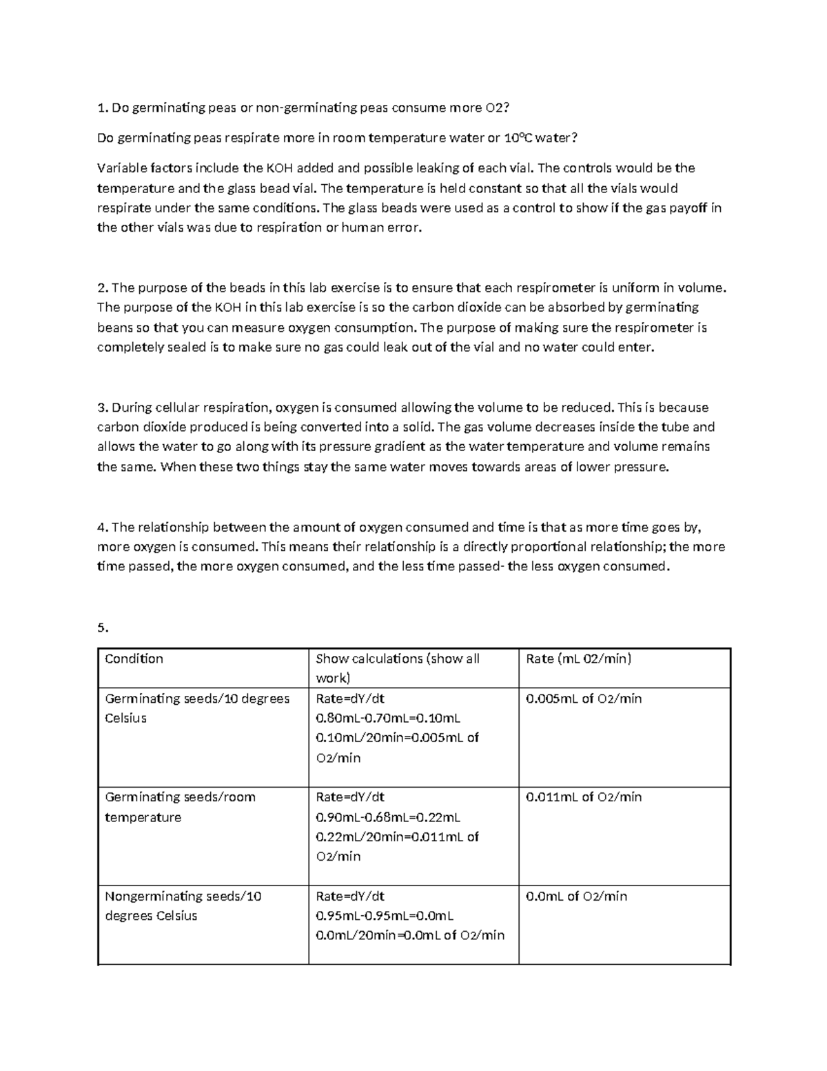 Cellular respiration post-lab questions 1 - Do germinating peas or non ...