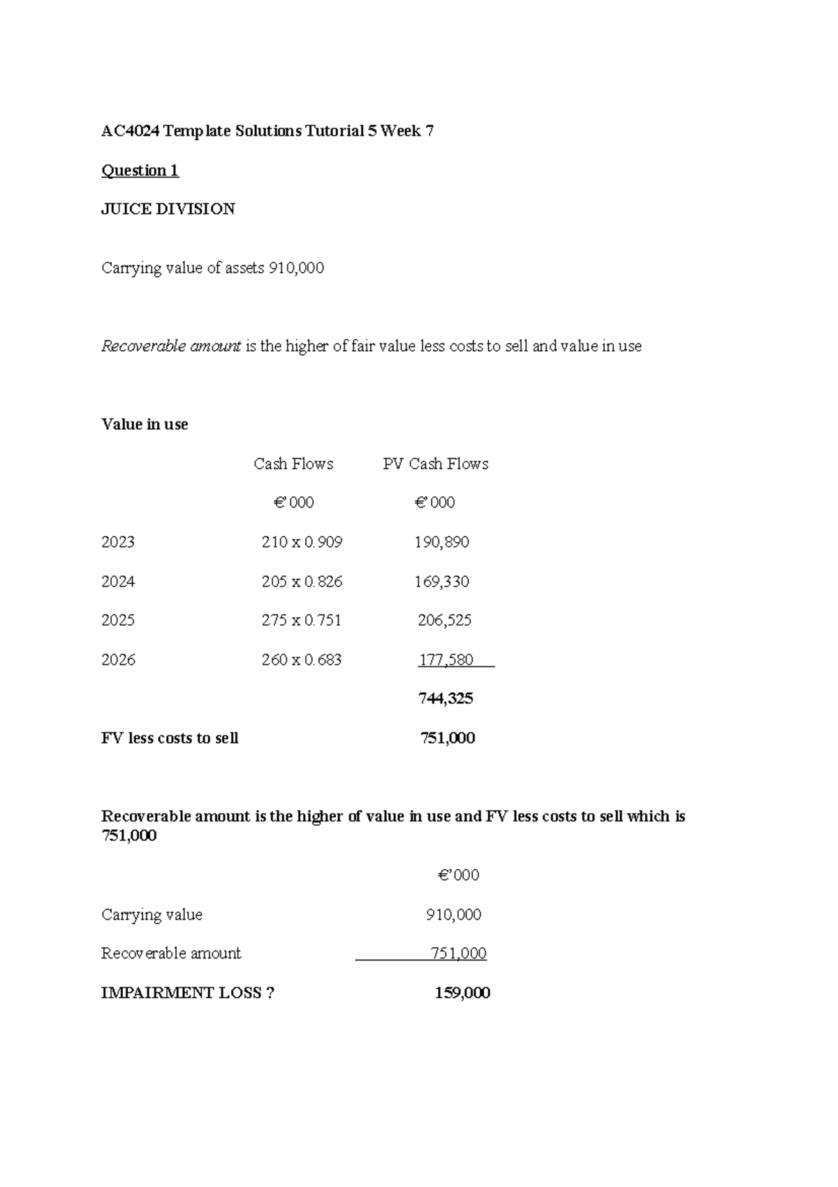 Tutorial 5 Wk 7 - AC4024 Template Solutions Tutorial 5 Week 7 Question 1 JUICE DIVISION Carrying ...
