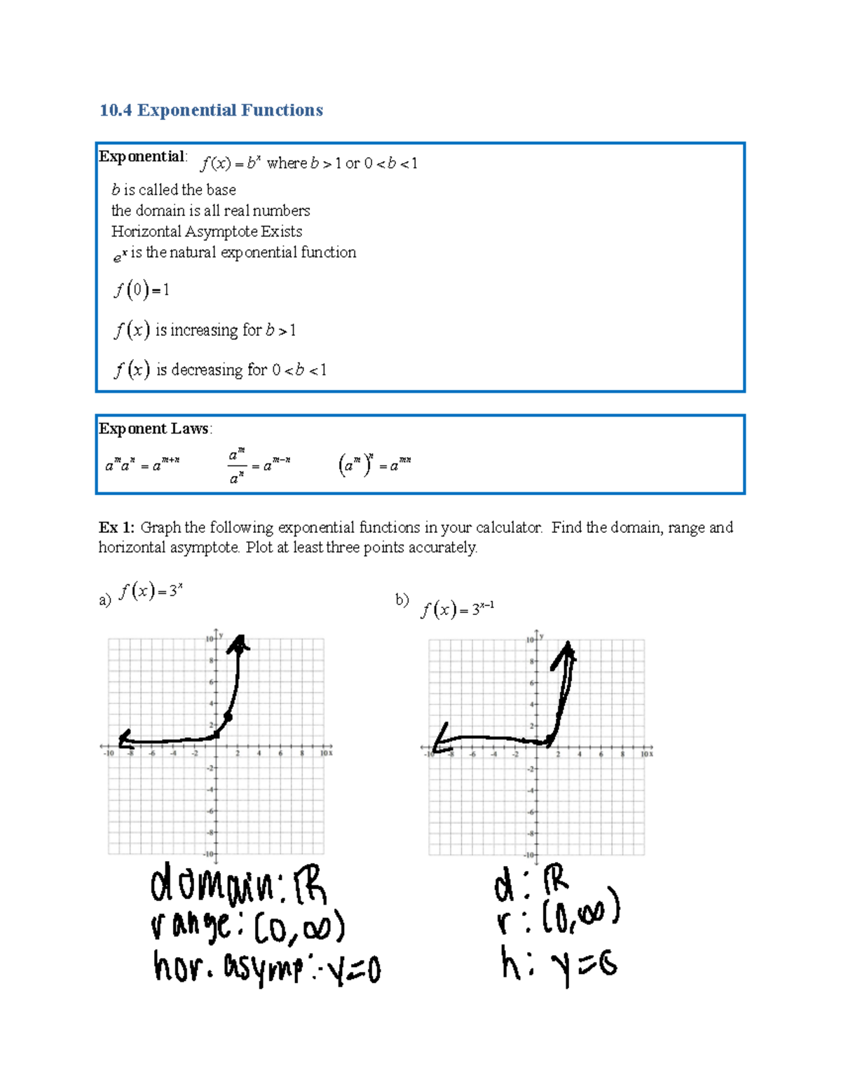 10.4 notes - 10 Exponential Functions Exponential: b is called the base ...