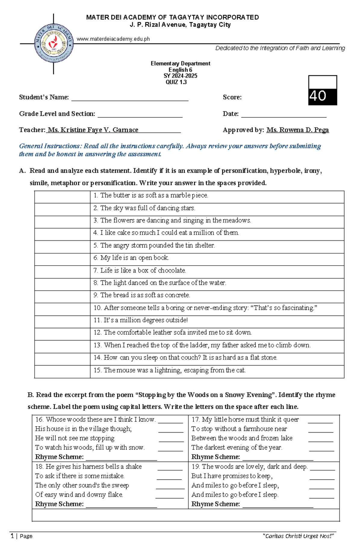 Quiz 1.3- English 6 - This contains quiz in Lesson 3 Quarter 1 - MATER ...