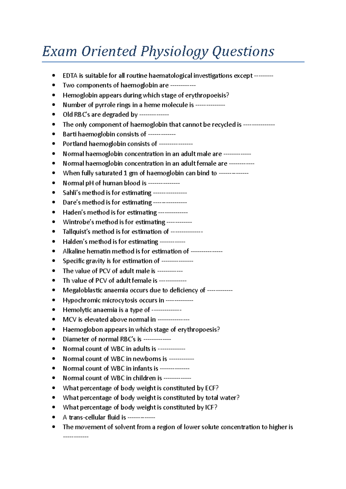 Nursing Exam Oriented Physiology Questions - Exam Oriented Physiology ...