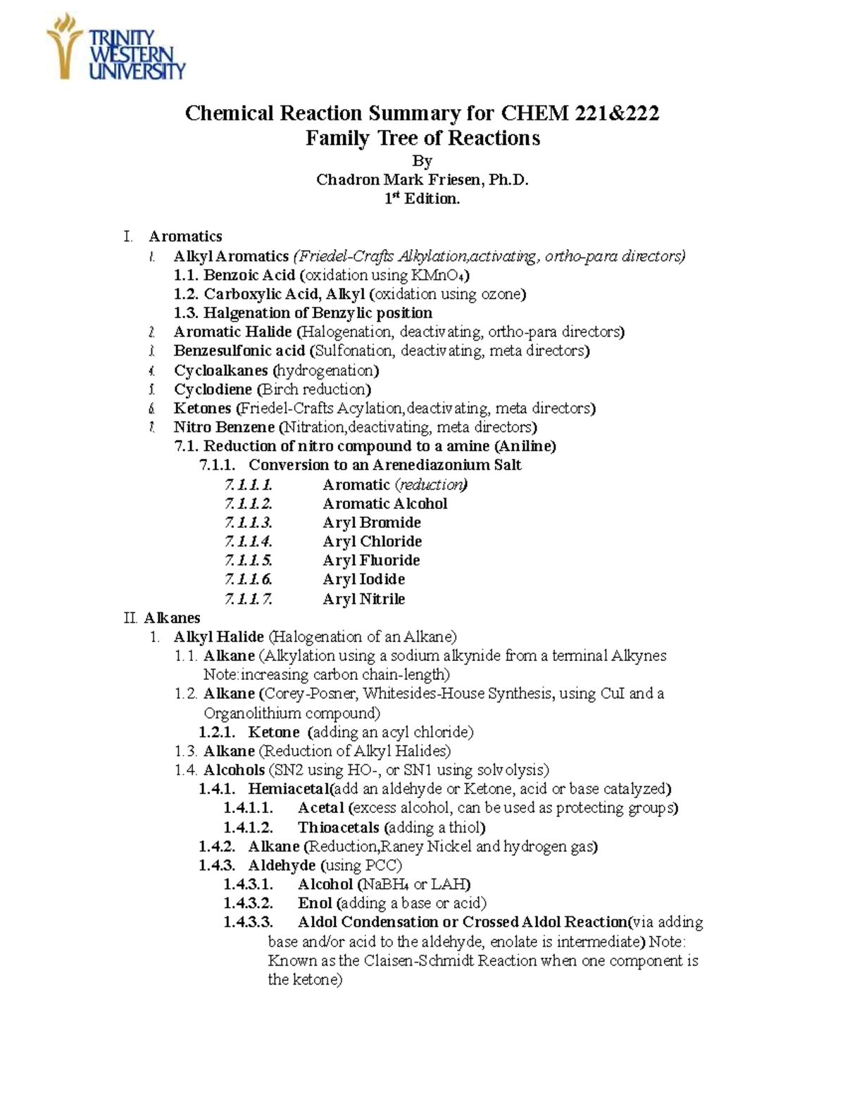 Chemical Reaction Summary for CHEM 221 - 1st Edition. I. Aromatics 1 ...