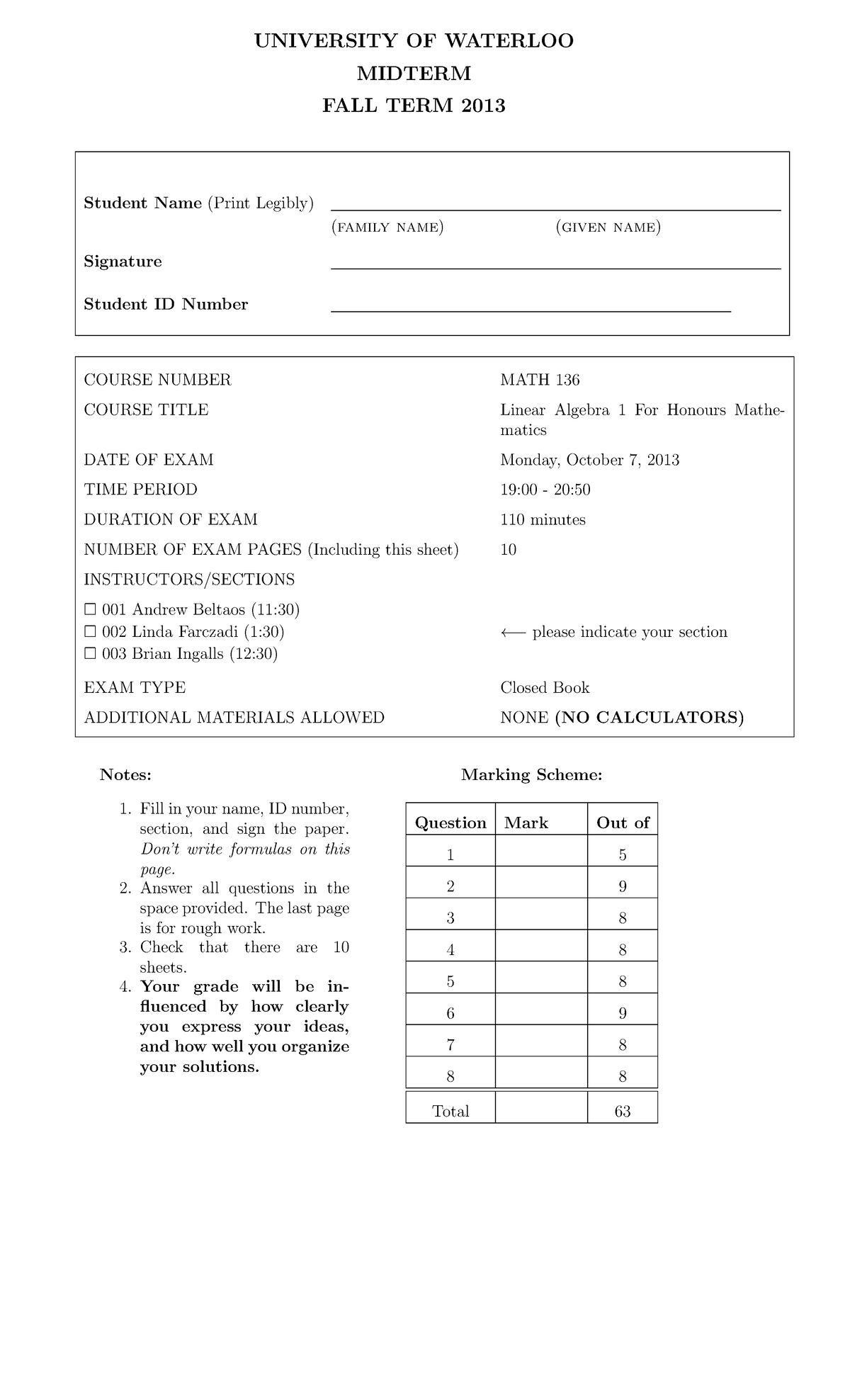 Exam 7 October 2013, questions and answers - UNIVERSITY OF WATERLOO ...