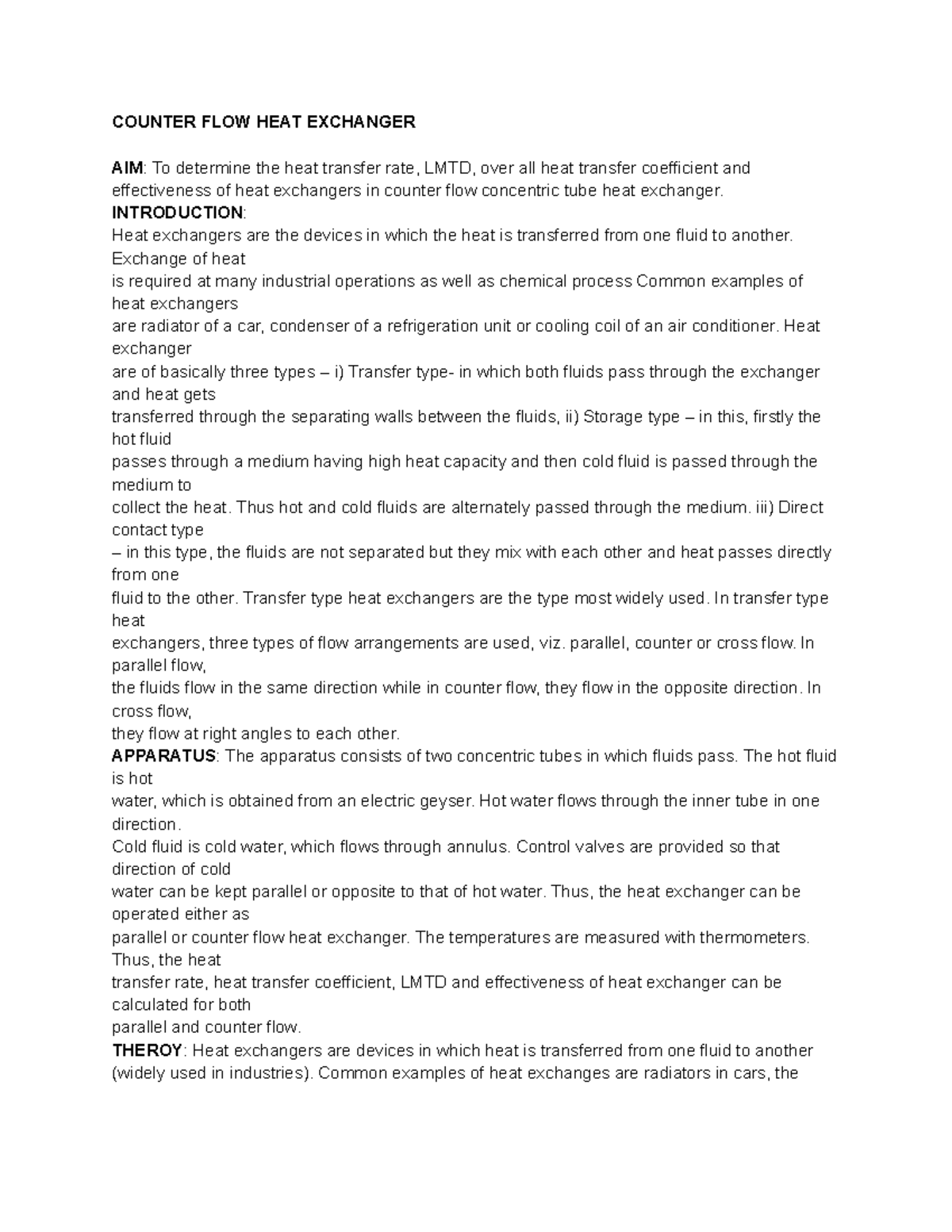 Counter FLOW HEAT Exchanger - COUNTER FLOW HEAT EXCHANGER AIM: To ...