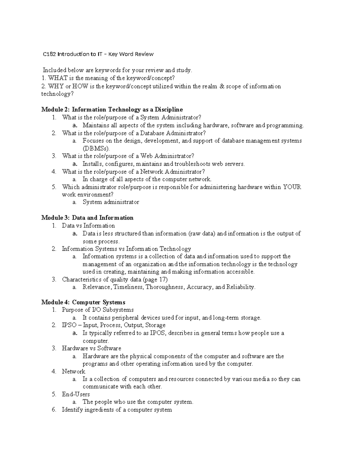 C182 Key Concepts - C182 Introduction to IT – Key Word Review Included ...