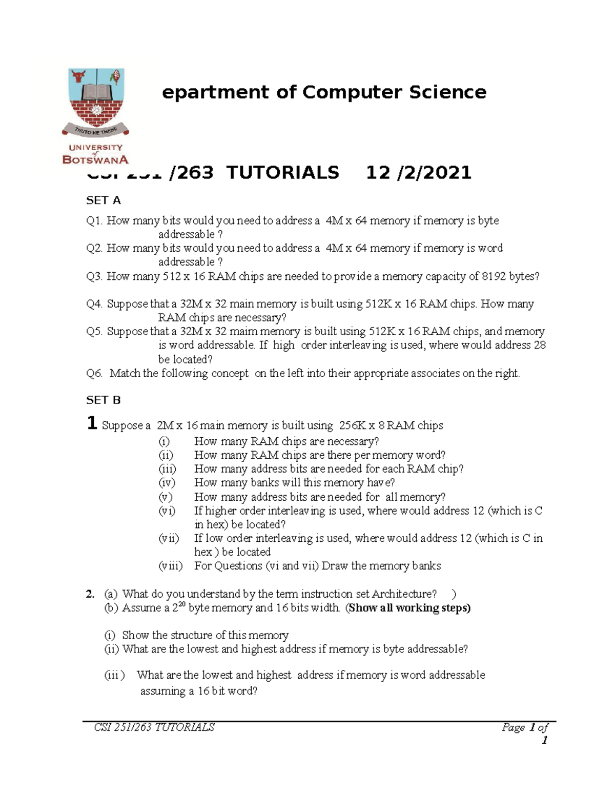 CSI 251 Tutorial 1 week4 - Department of Computer Science CSI 251 /263 TUTORIALS 12 /2/ SET A Q1 ...