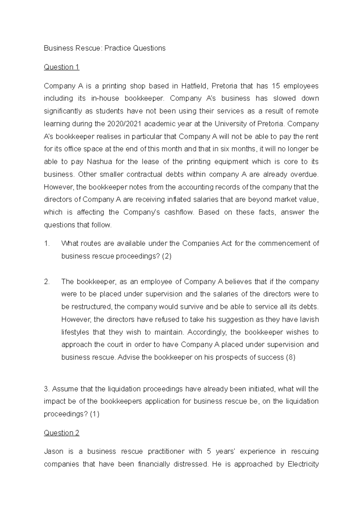 Business rescue - Practice Questions - Business Rescue: Practice ...