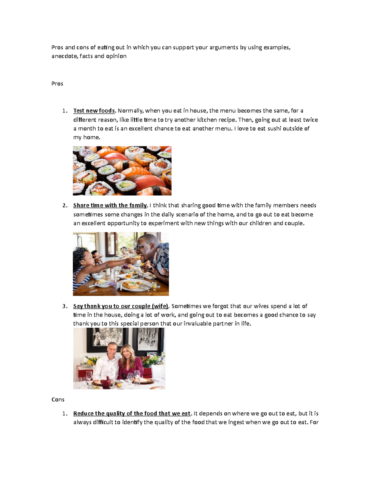 English 2 David part Fef 2022 - Pros and cons of eating out in which ...