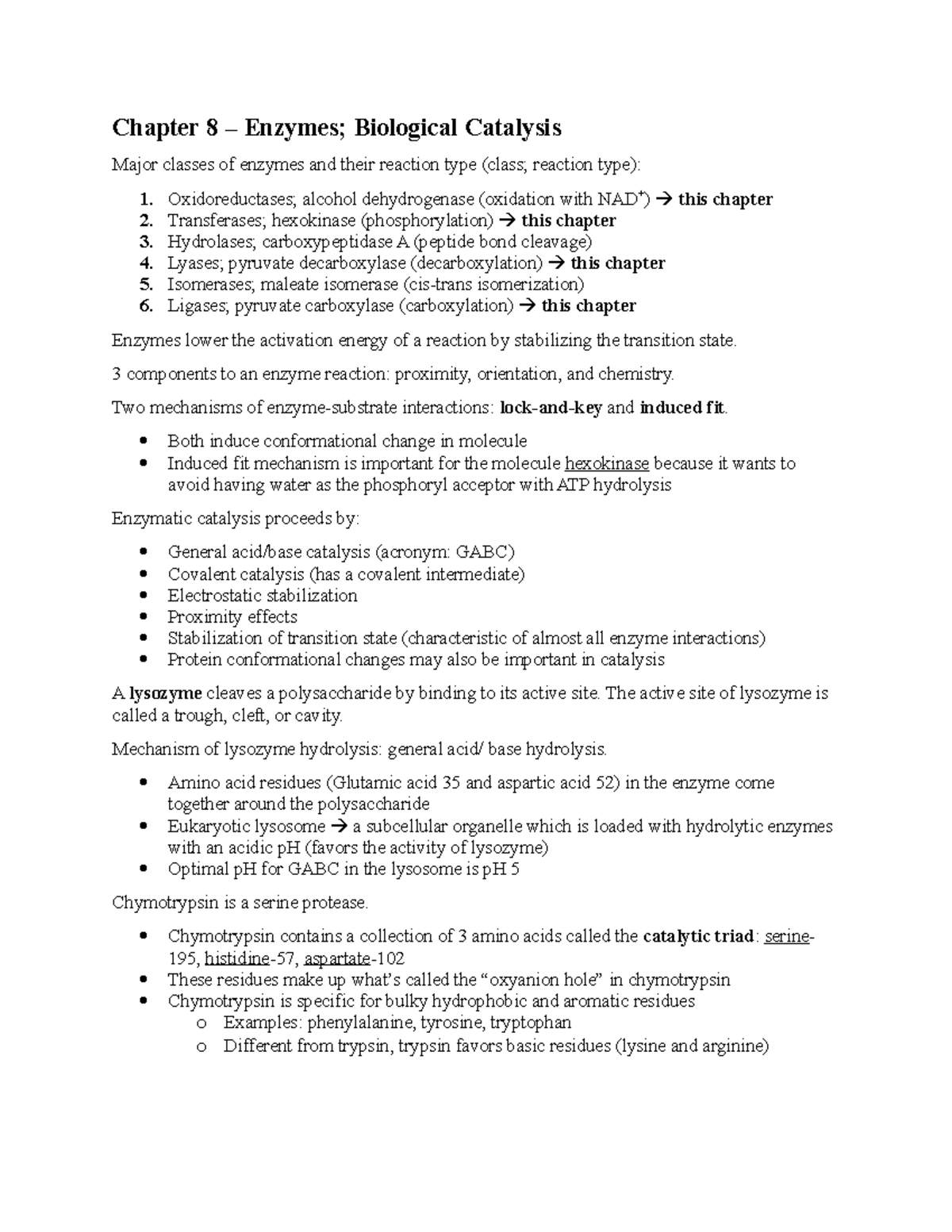 Chapters 8, 12, 13, 14 - Chapter 8 – Enzymes; Biological Catalysis Major classes of enzymes and ...