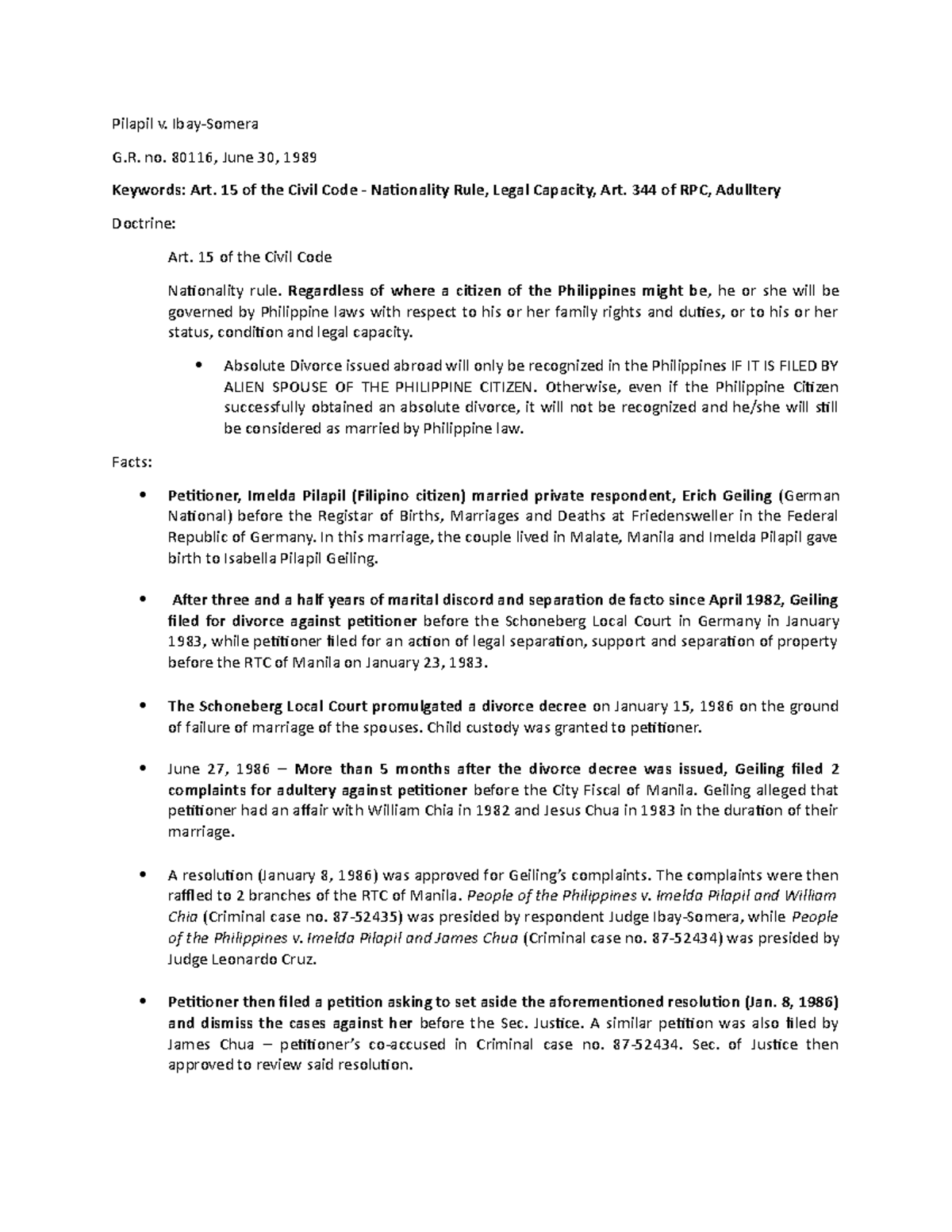 Pilapil v. Ibay-Somera Case Digest - Pilapil v. Ibay-Somera G. no ...