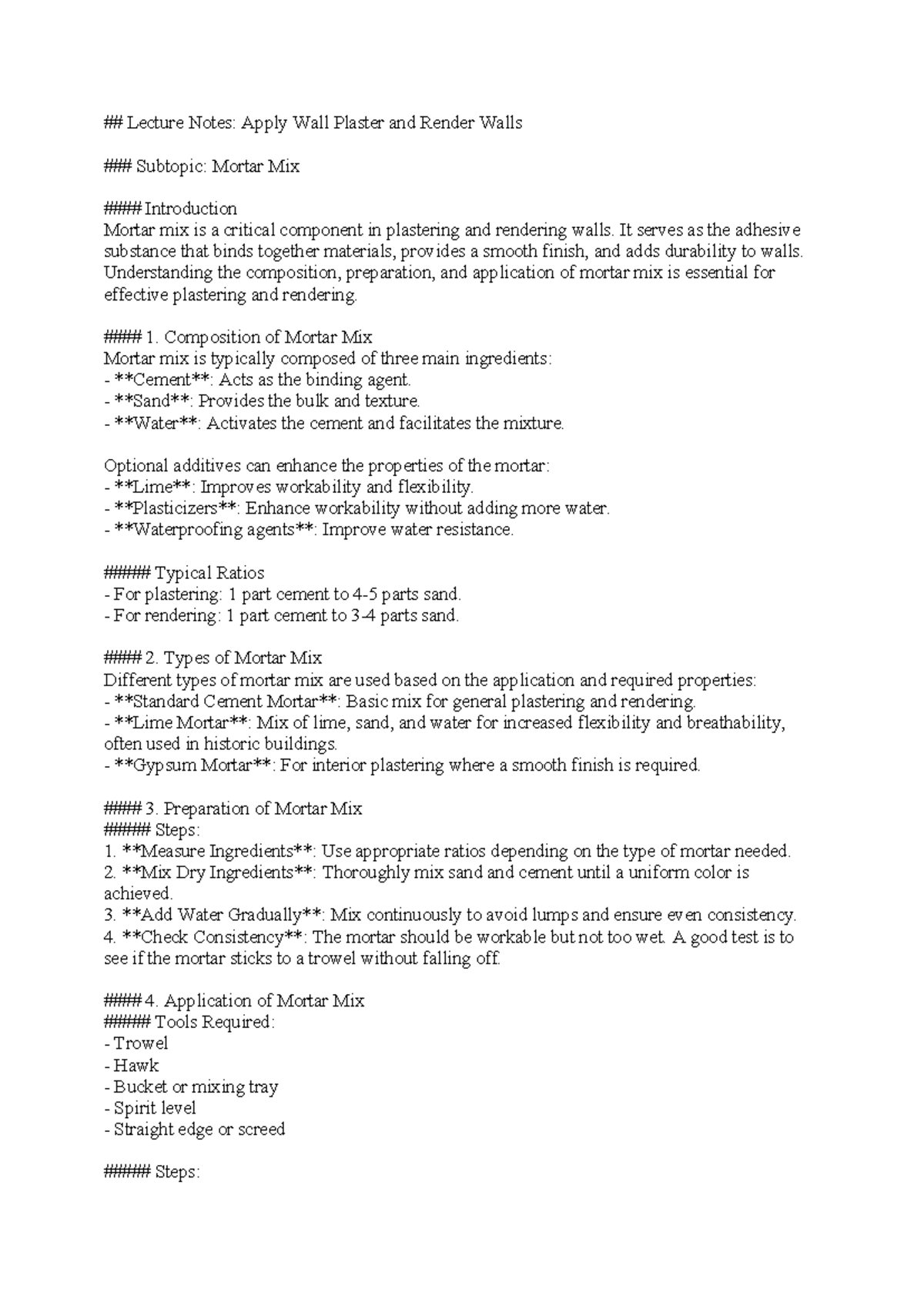 Mortar mix - Building technology - Lecture Notes: Apply Wall Plaster ...