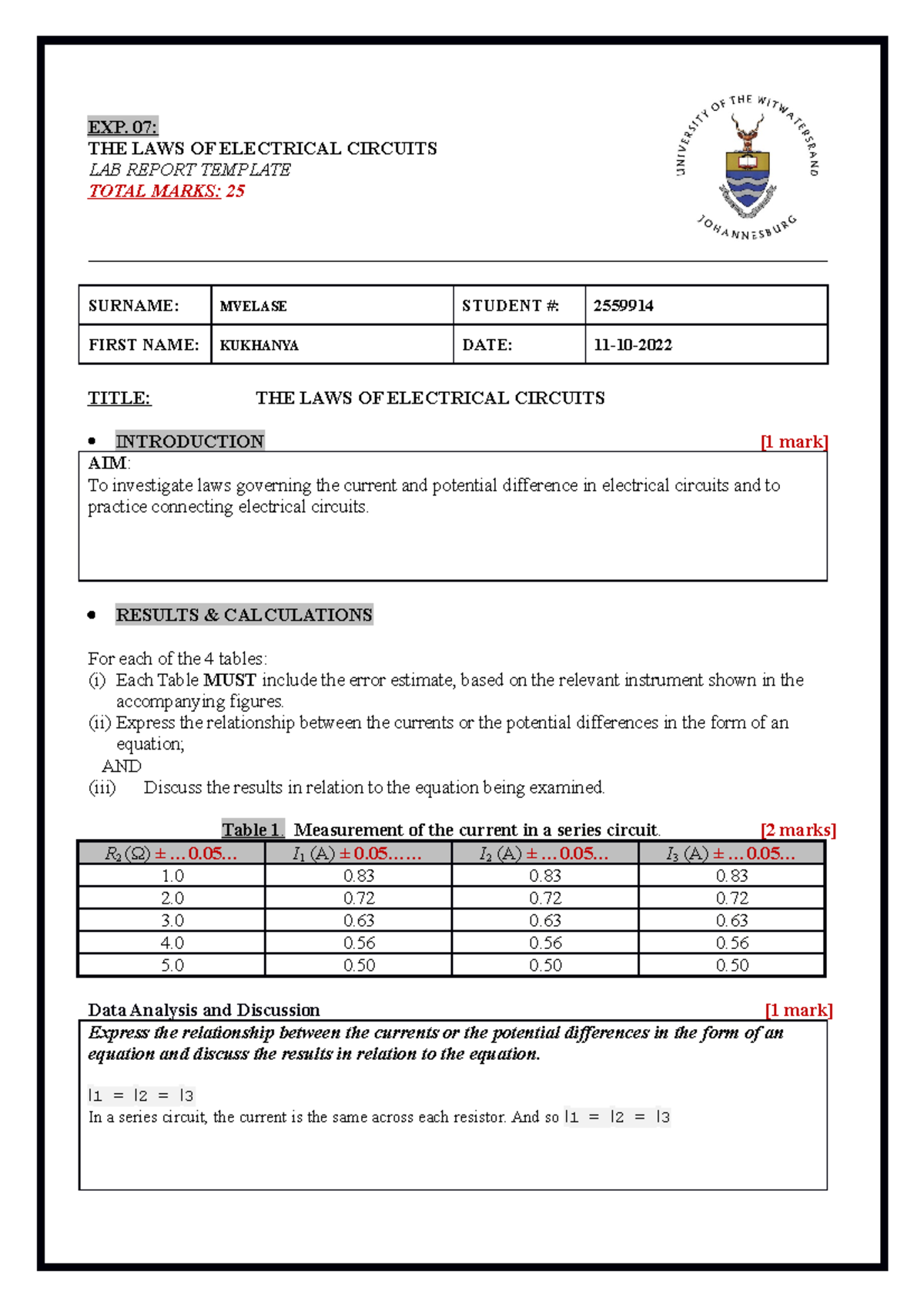 Exp07 - Electrical Circuits - Lab Report Template - EXP. 07: THE LAWS ...