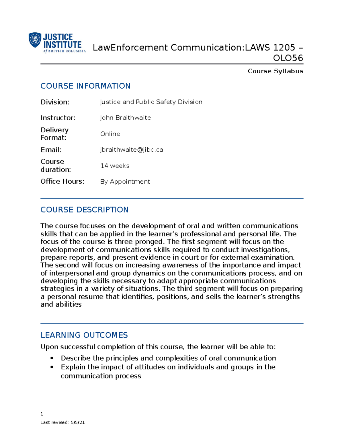 Course Syllabus LAWS 1205 OL056 - OLO Course Syllabus COURSE ...