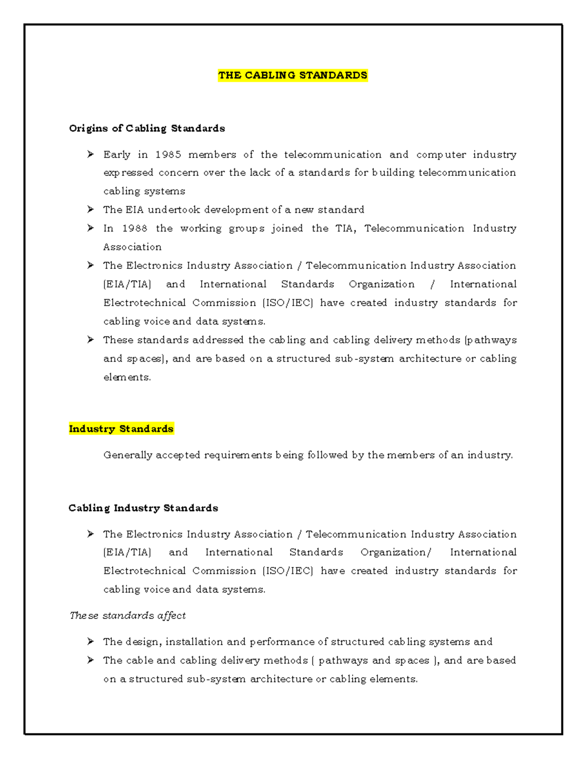 The Cabling Standards - INTECH 3110 - COMPUTER NETWORKS - THE CABLING ...