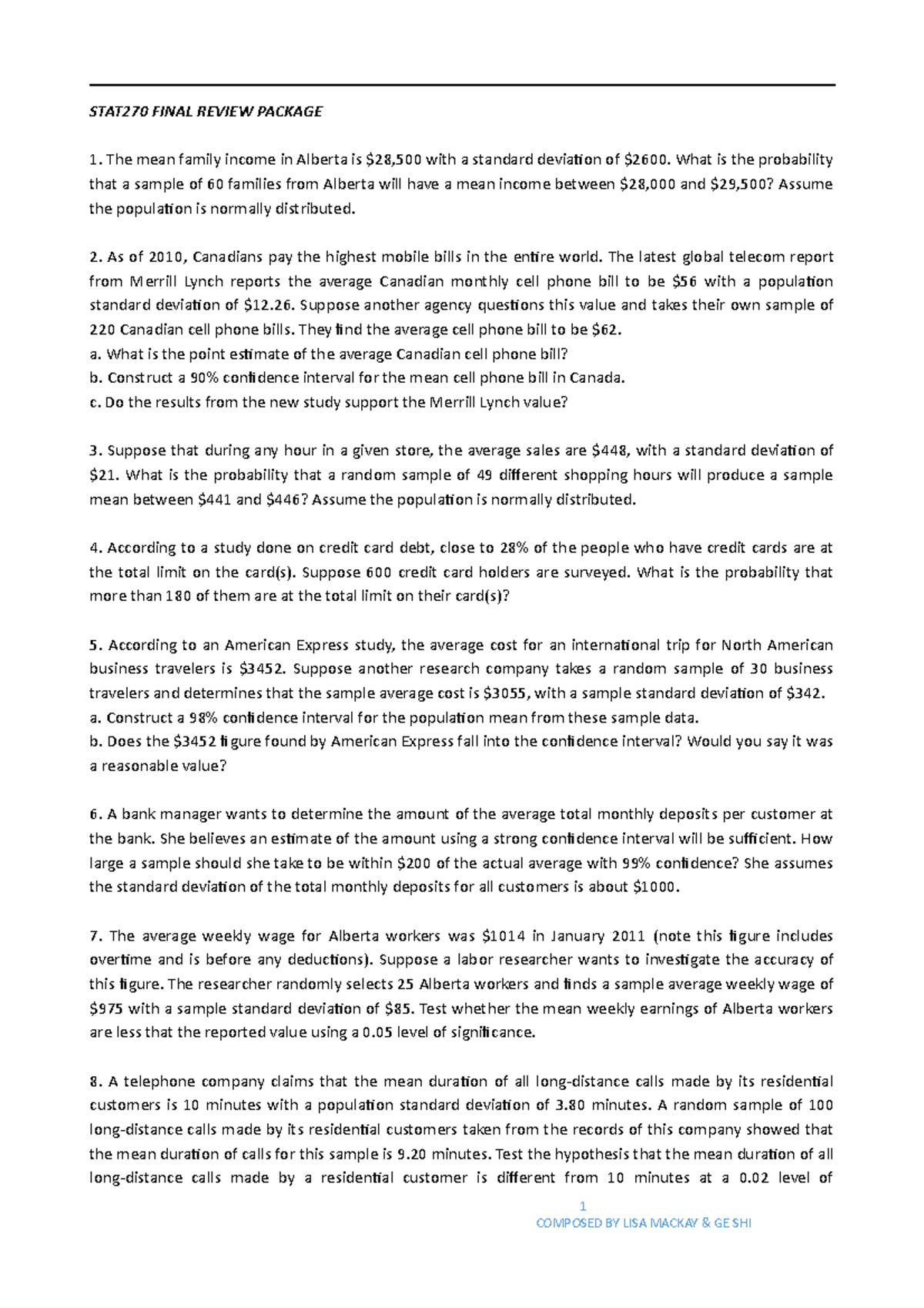 STAT270Final Review Package W2020 - STAT270 FINAL REVIEW PACKAGE The ...