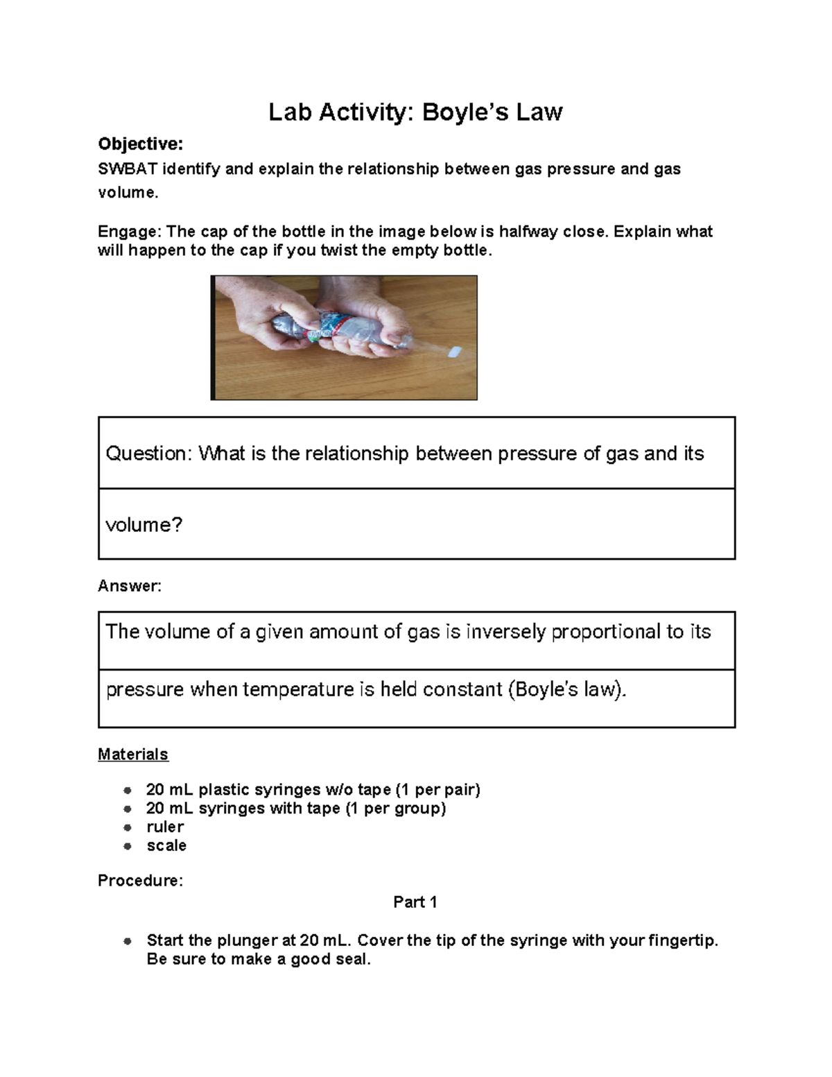 Boyle’s Law Activity - None - Lab Activity: Boyle’s Law Objective ...