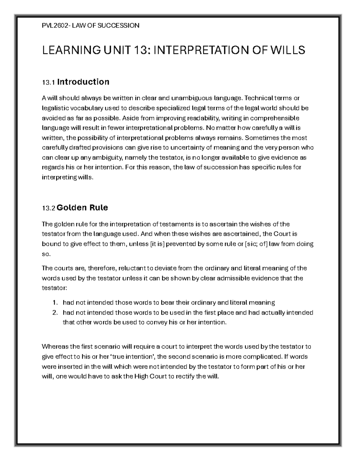 PVL2602 LU13&14 Summary - LEARNING UNIT 13: INTERPRETATION OF WILLS 13 Introduction A will ...