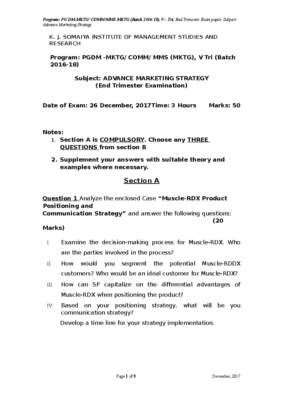 Muscle rdx questions - Advance Marketing Strategy K. J. SOMAIYA INSTITUTE OF MANAGEMENT STUDIES ...
