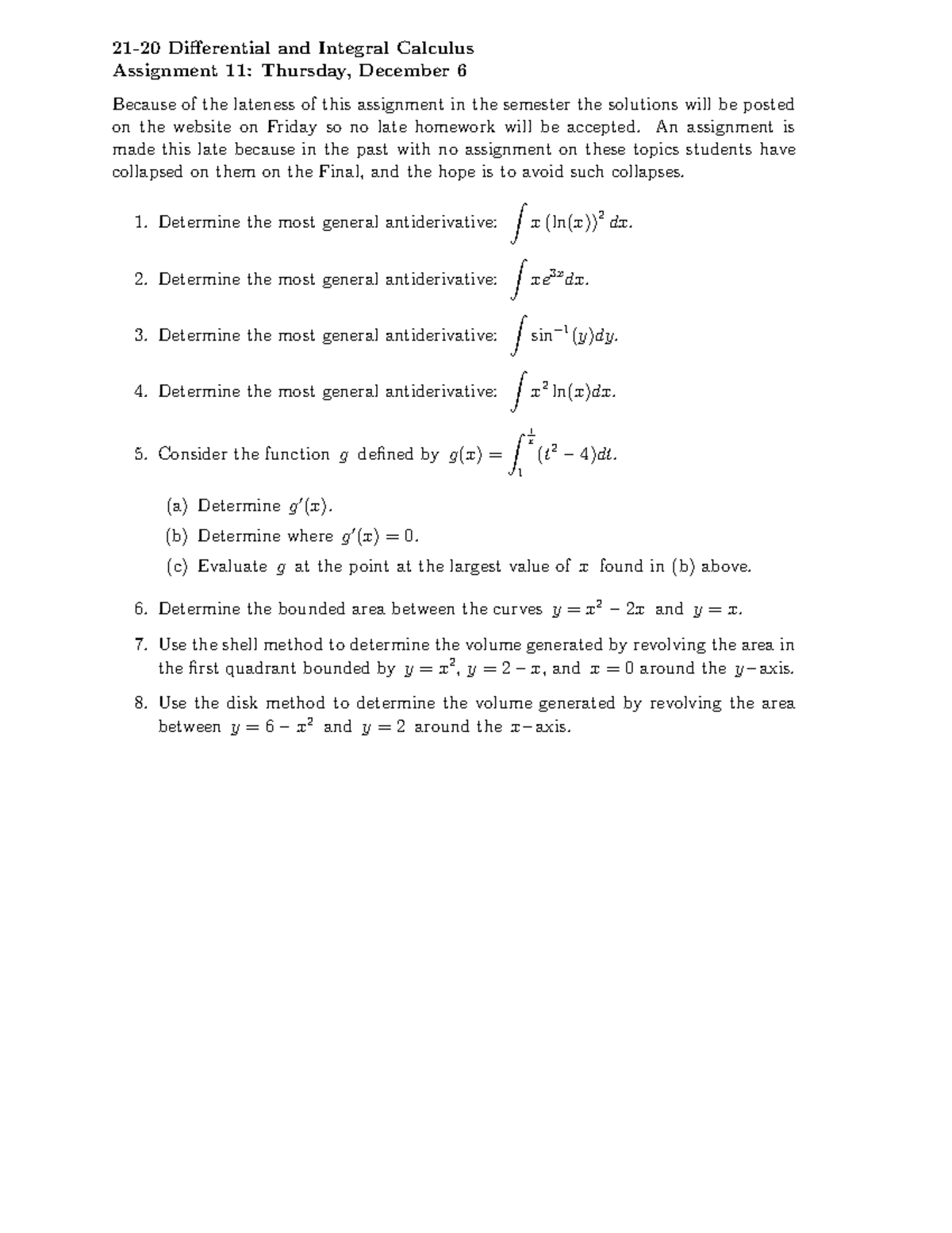 Assign 11 - problem set - 21-20 Differential and Integral Calculus Assignment 11: Thursday ...
