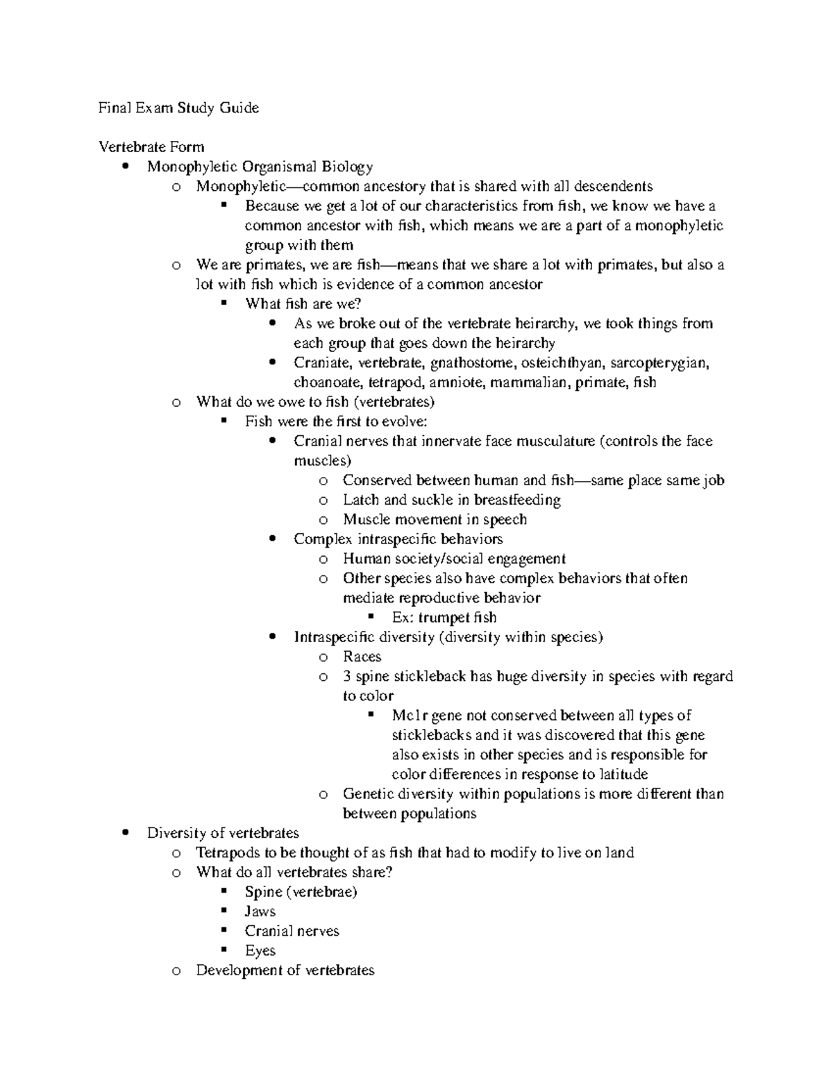 Final Exam Study Guide - Final Exam Study Guide Vertebrate Form ...