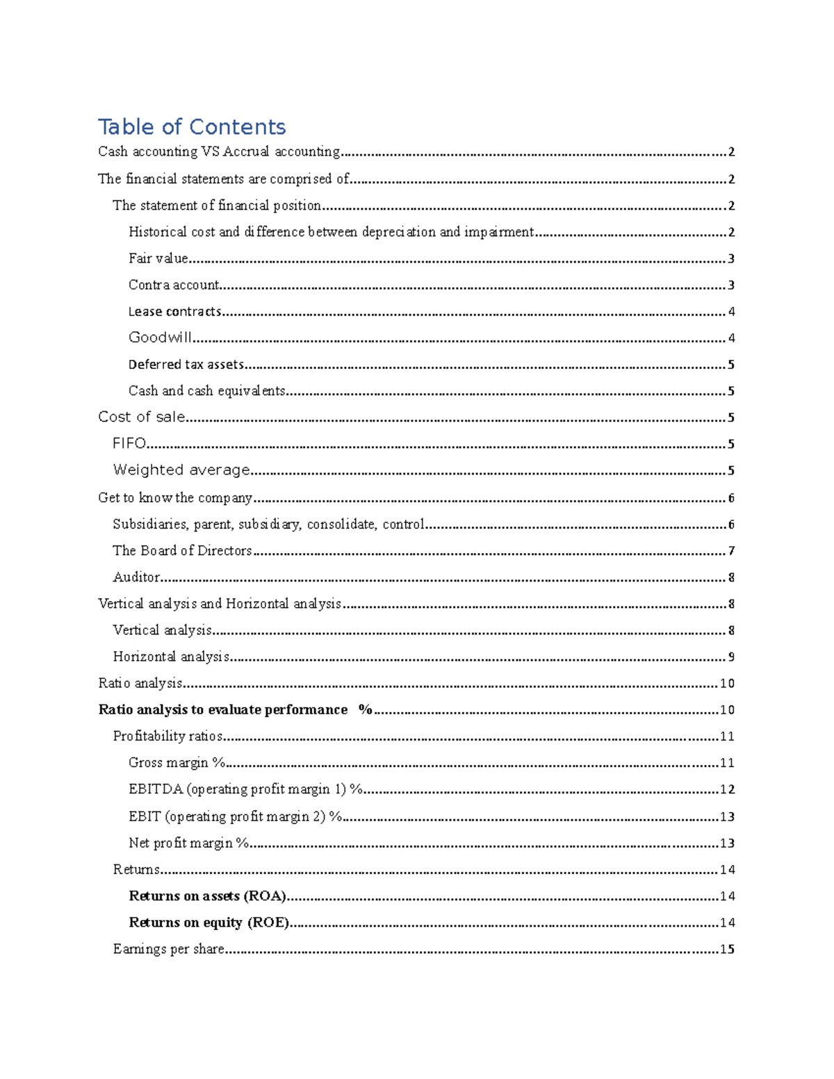 Summary Ratios - Table of Contents Cash accounting VS Accrual - Studocu