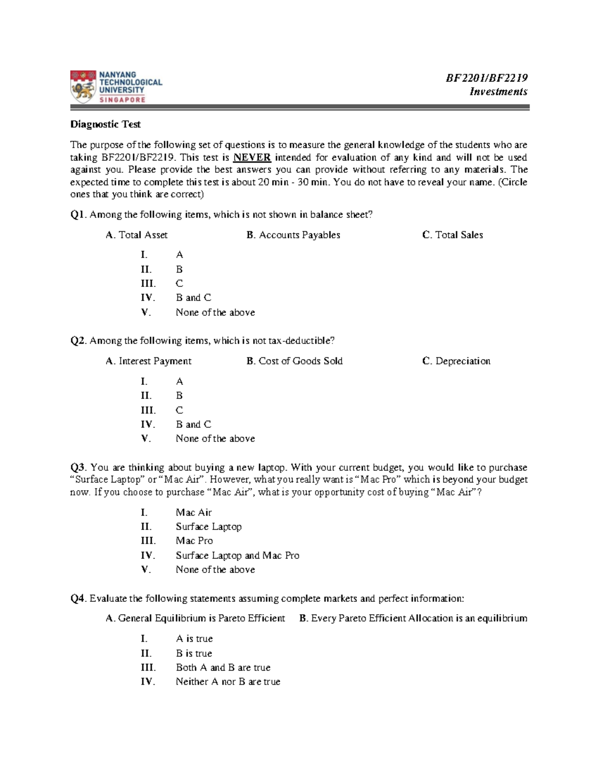 BF2201-BF2219 - Diagnostic Test - BF220 1 /BF Investments Diagnostic ...