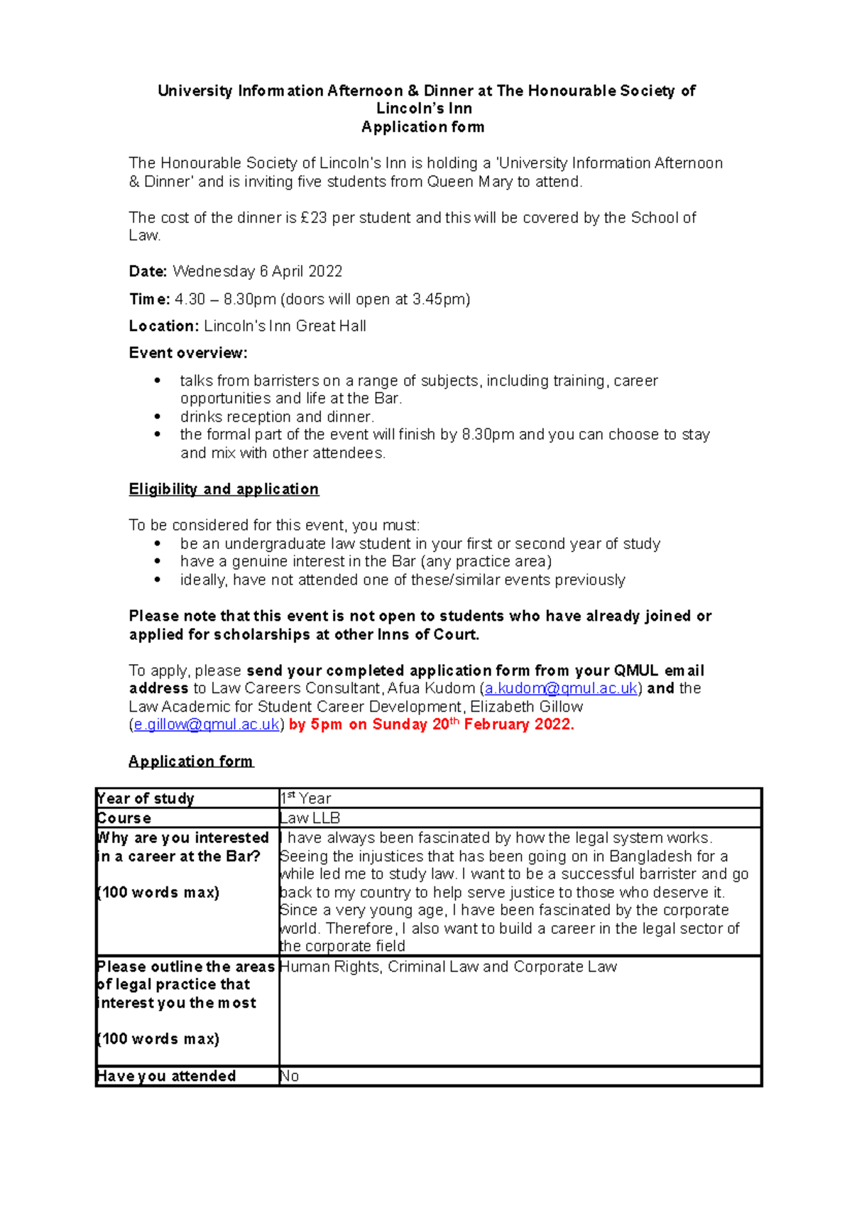 Lincoln's Inn Information Afternoon and Dinner application form[ 181 ...