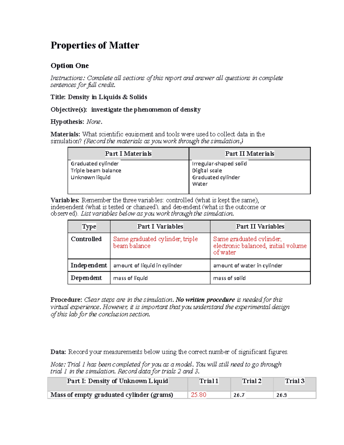 1.07 Lab Report - measuring matter - Properties of Matter Option One ...