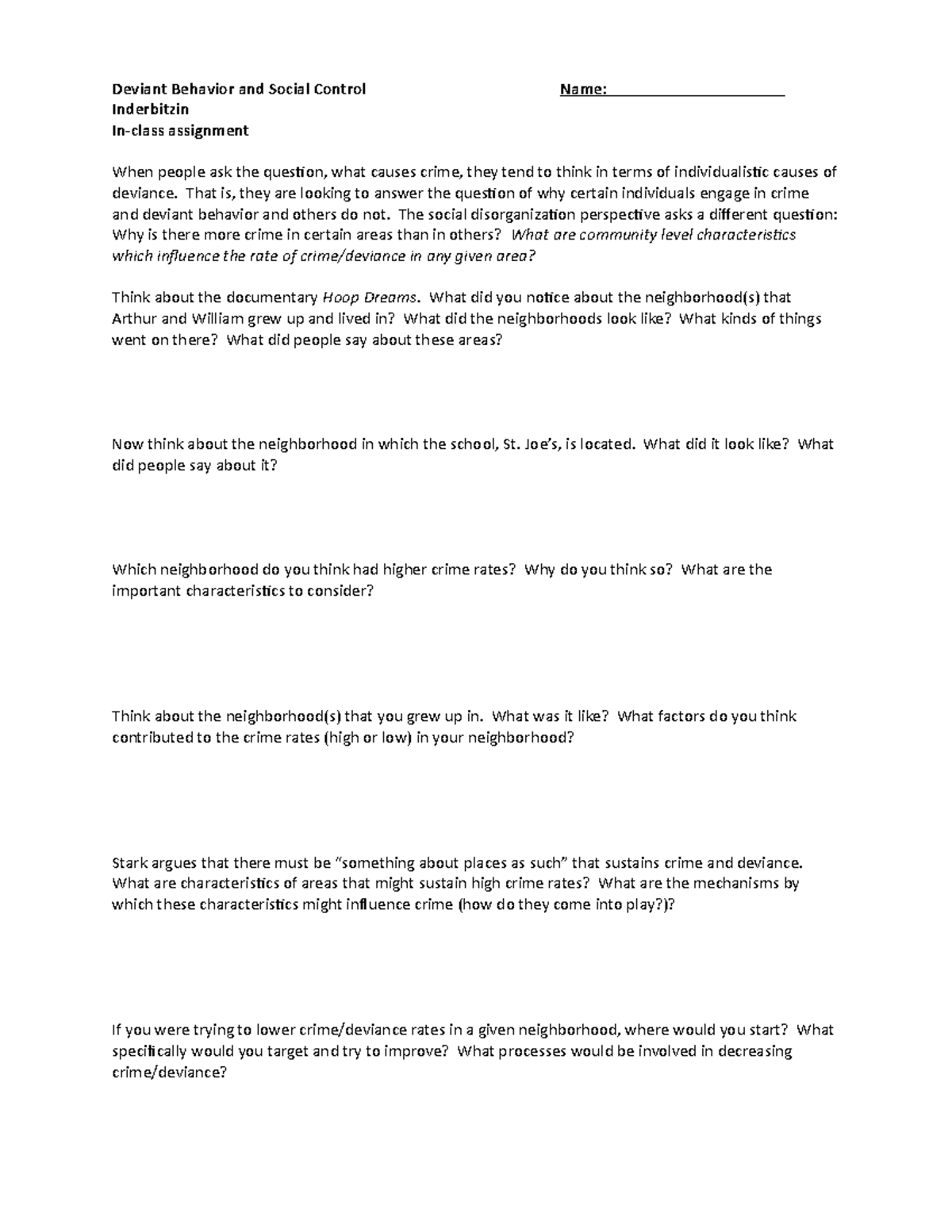 Social disorg worksheet - Deviant Behavior and Social Control ...