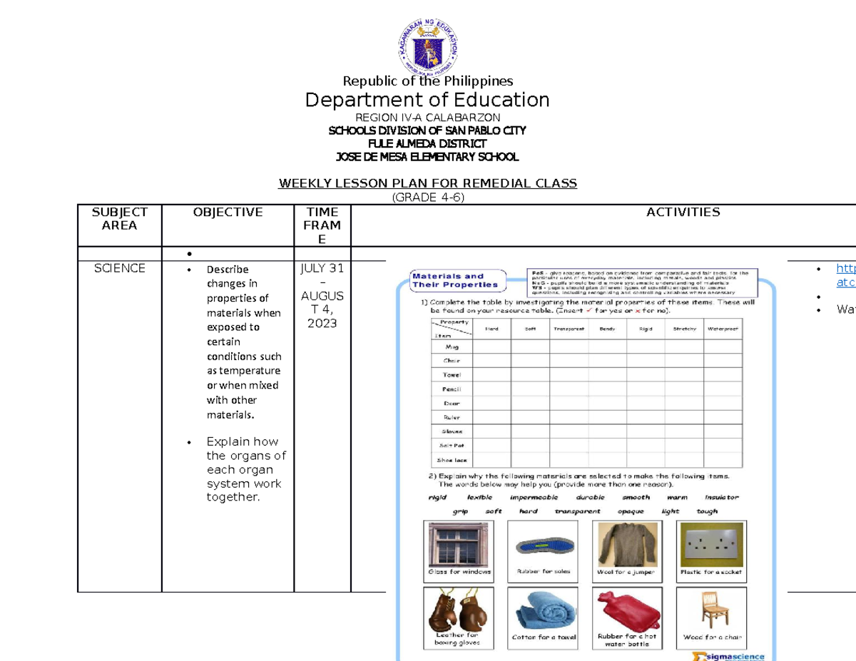 Weekly- Lesson-PLAN-FOR- Remedial- Class grade 4 - Department of ...