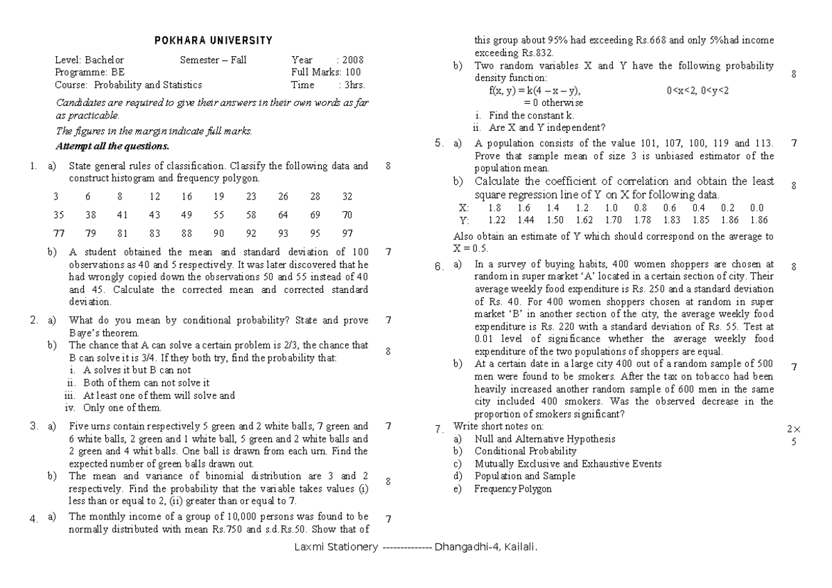 Probability and Statistics 2008 fall - POKHARA UNIVERSITY Level ...