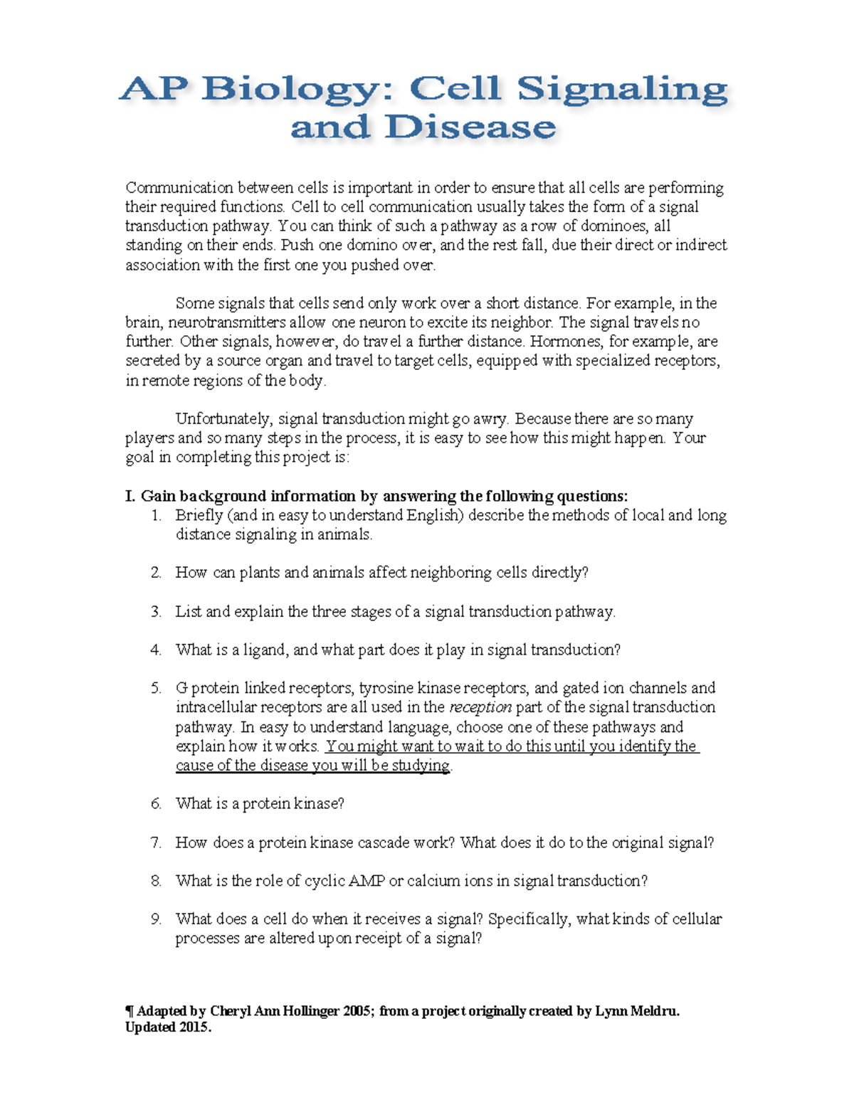 Cell+Signaling+and+Disease+Project+2015 +copy - ¶ Adapted by Cheryl Ann ...