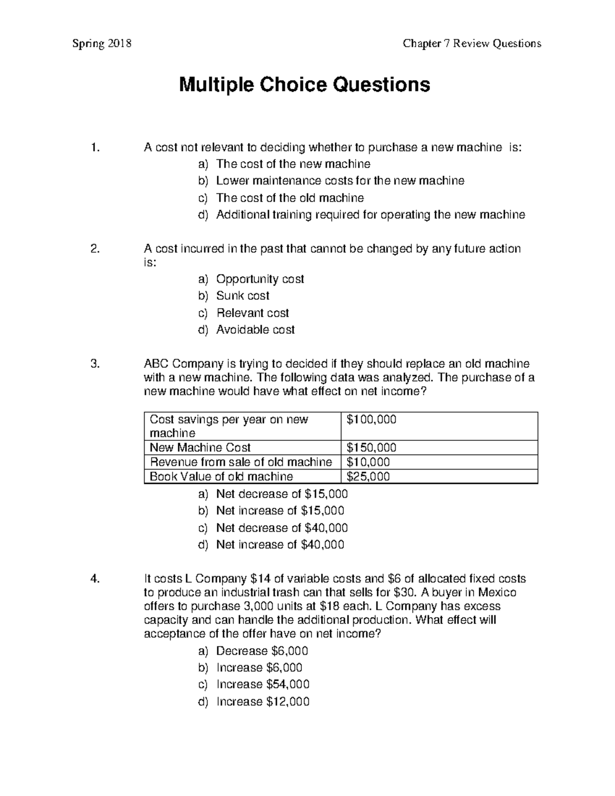 Chapter 7 Questions - Management Accounting - Multiple Choice Questions ...