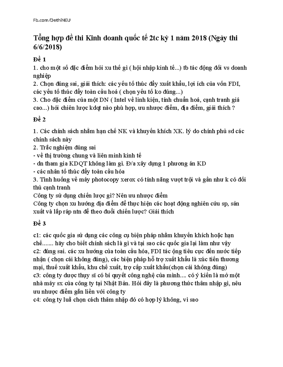 Tổng hợp đề thi Kinh doanh quốc tế 2tc kỳ 1 năm 2018 - Fb/DethiNEU Tổng ...