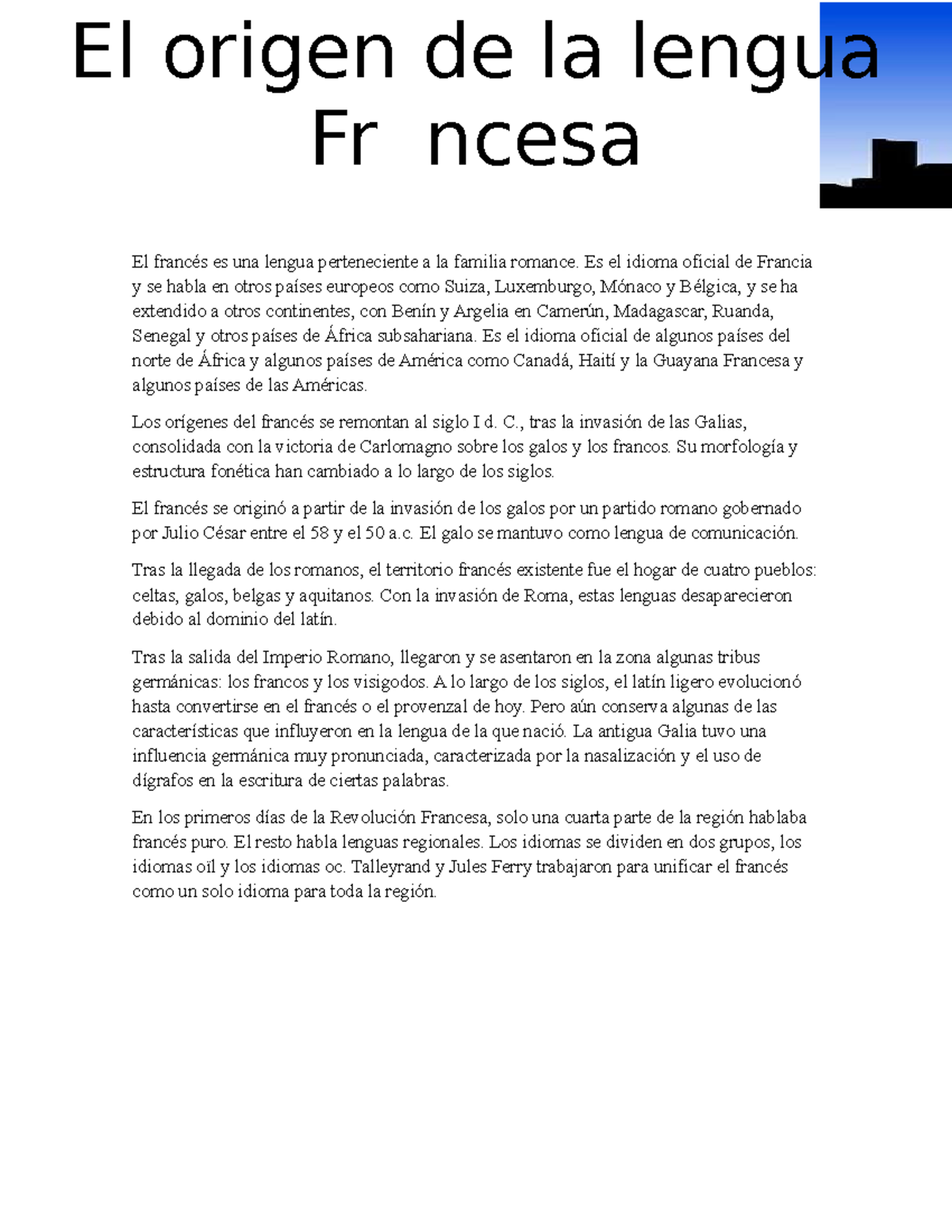 El origen de la lengua Francesa Resumen - El francés es una lengua ...